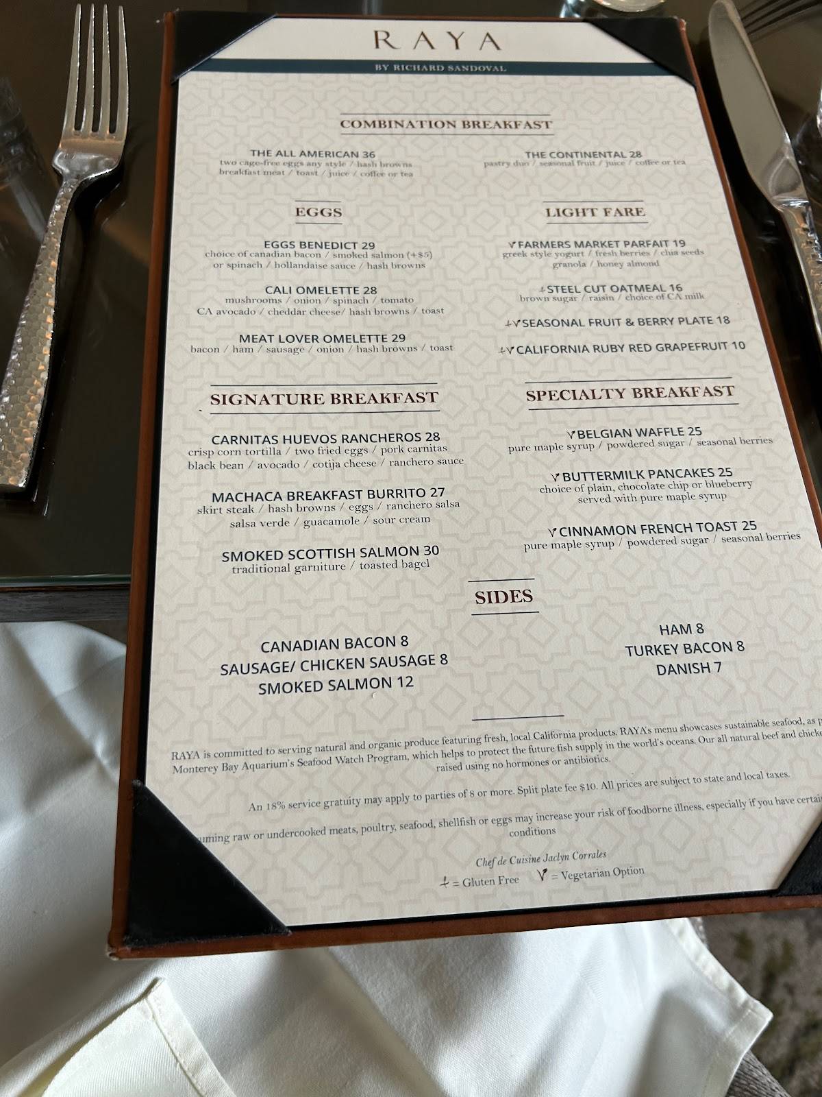 Menu at RAYA restaurant, Dana Point, 1 Ritz Carlton Dr