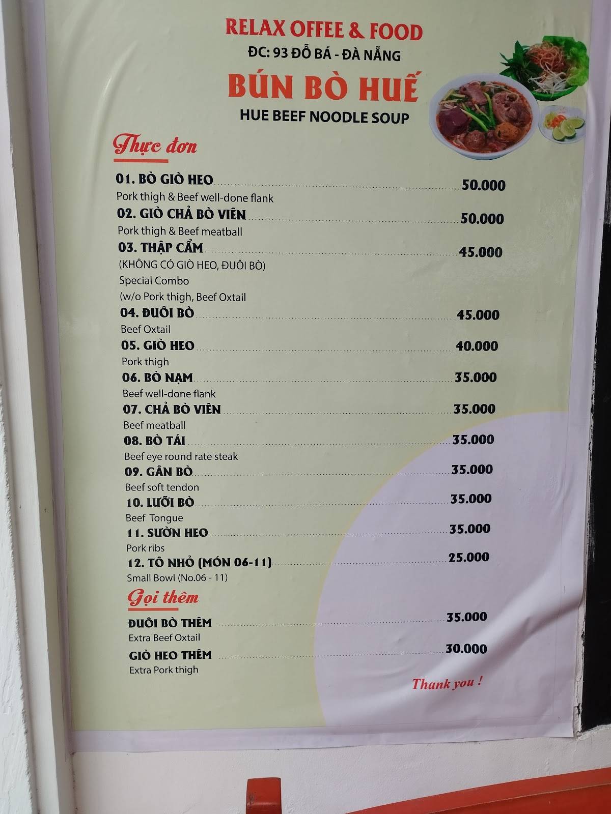 Menu at RELAX Coffee, Food & Spa, Da Nang