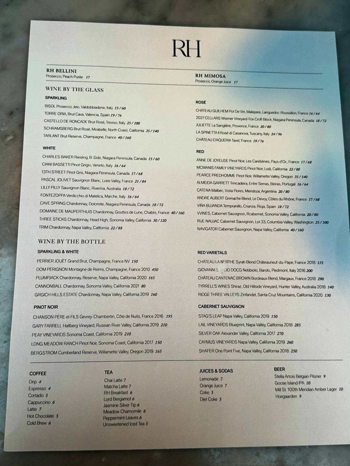Menu at RH Courtyard Restaurant at RH Toronto, Toronto, Dufferin St