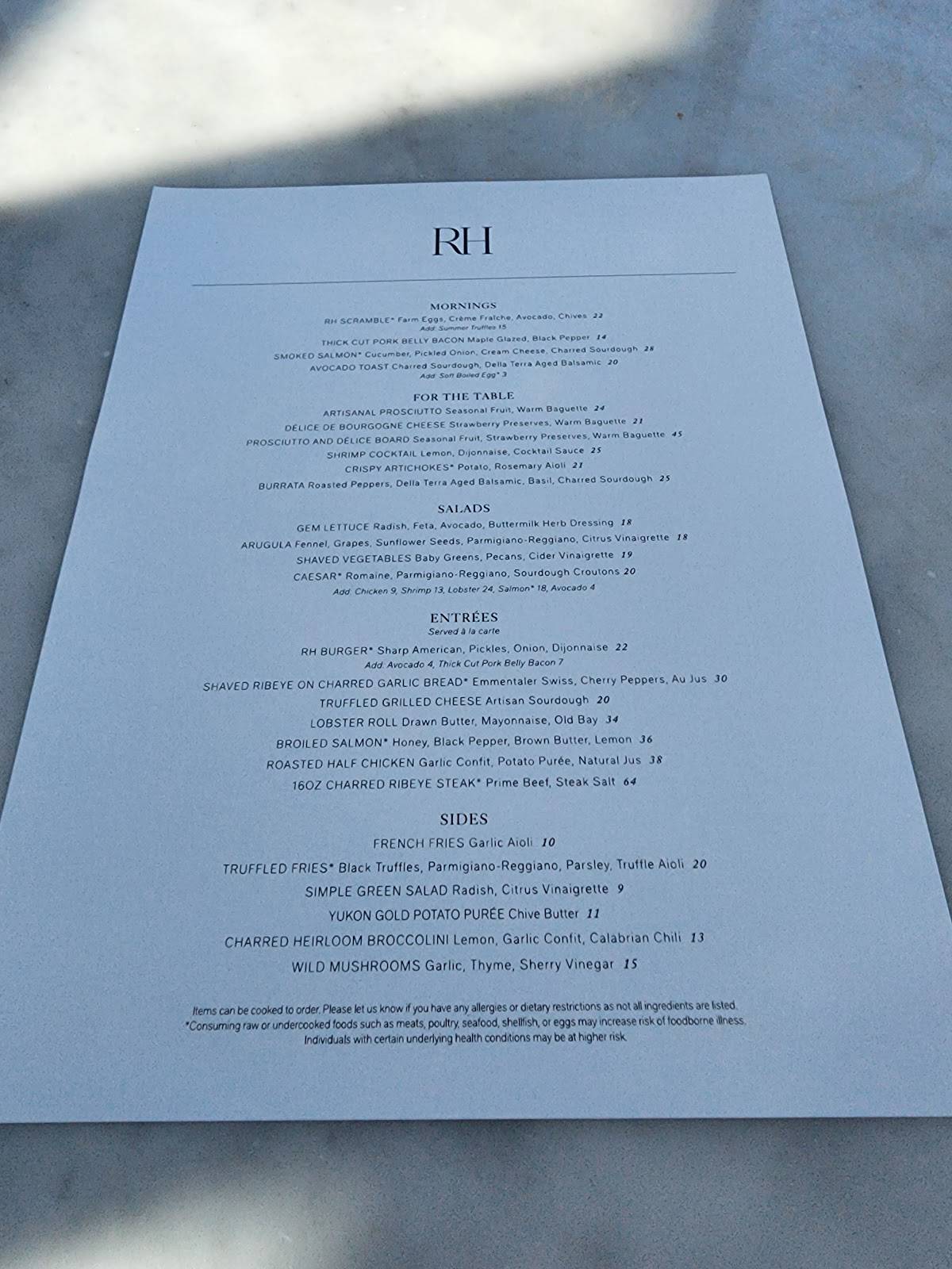 Menu at RH Rooftop Restaurant Charlotte, Charlotte