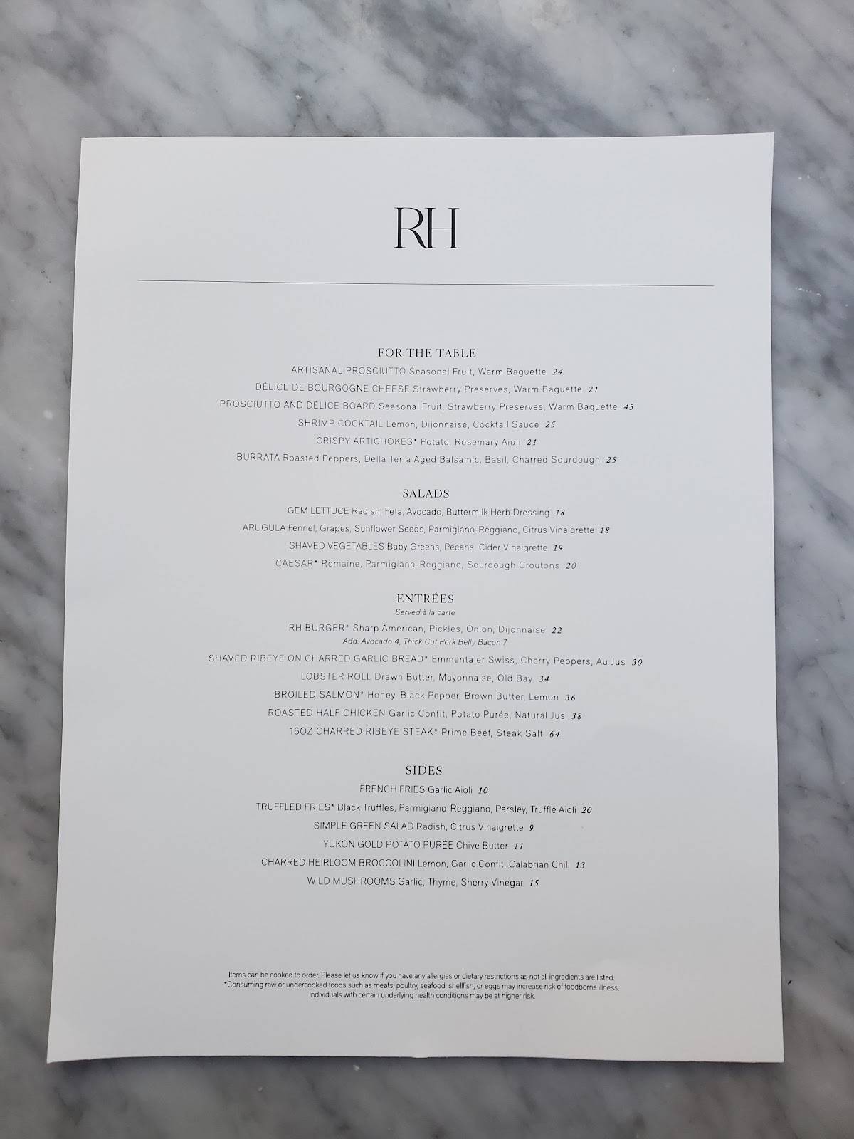 Menu at RH Rooftop Restaurant Charlotte, Charlotte
