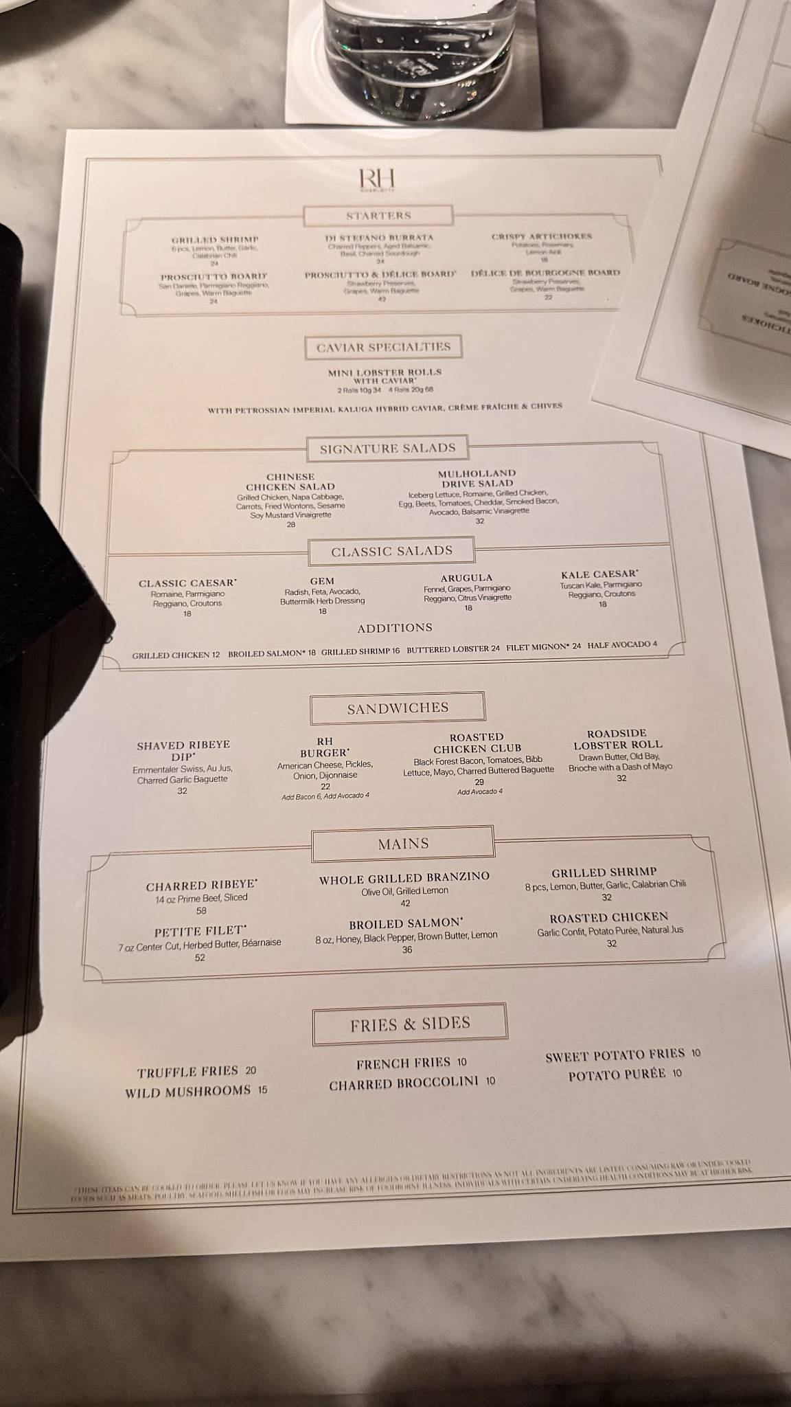 Menu at RH Rooftop Restaurant at RH Charlotte, Charlotte