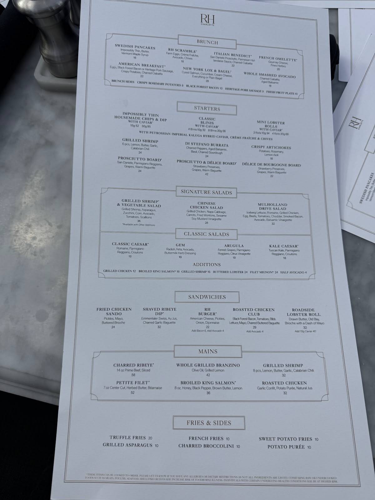 Menu at RH Rooftop Restaurant at RH Charlotte, Charlotte