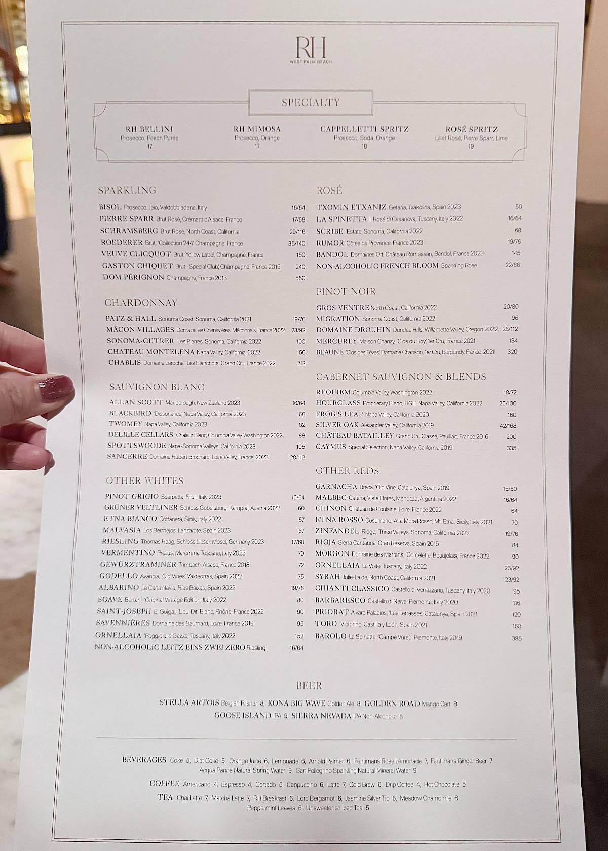 Menu at RH Rooftop Restaurant at RH West Palm, West Palm Beach