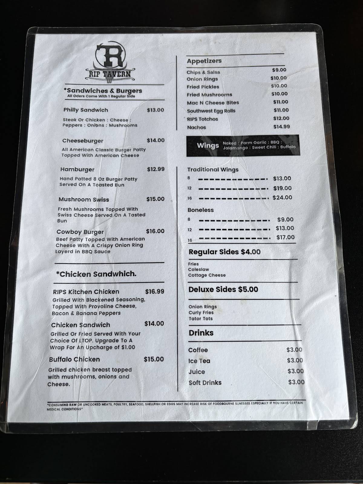 Menu at RIP Tavern pub & bar, Lake Ozark