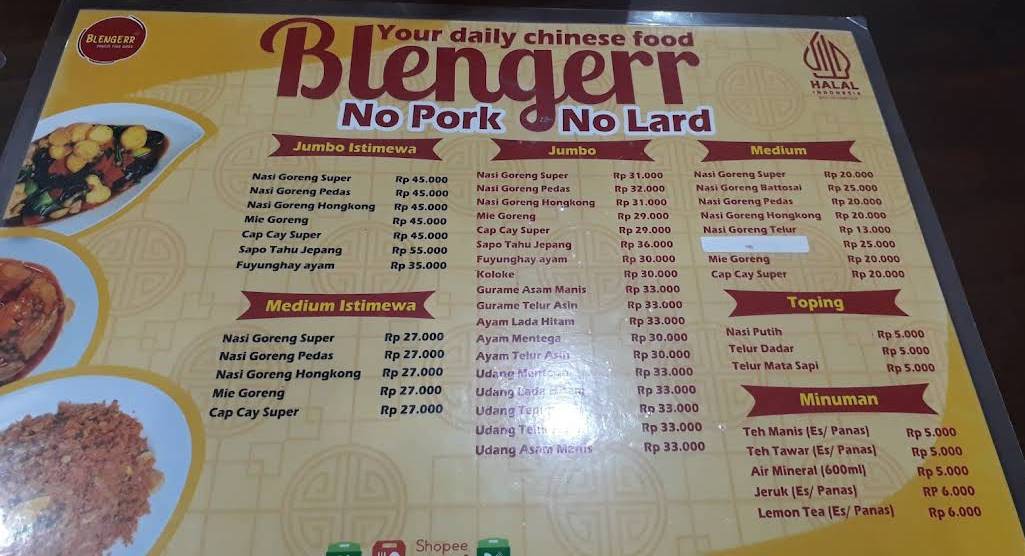 Menu at RM. Blengerr Chinese Food Super restaurant, Yogyakarta, Jl ...