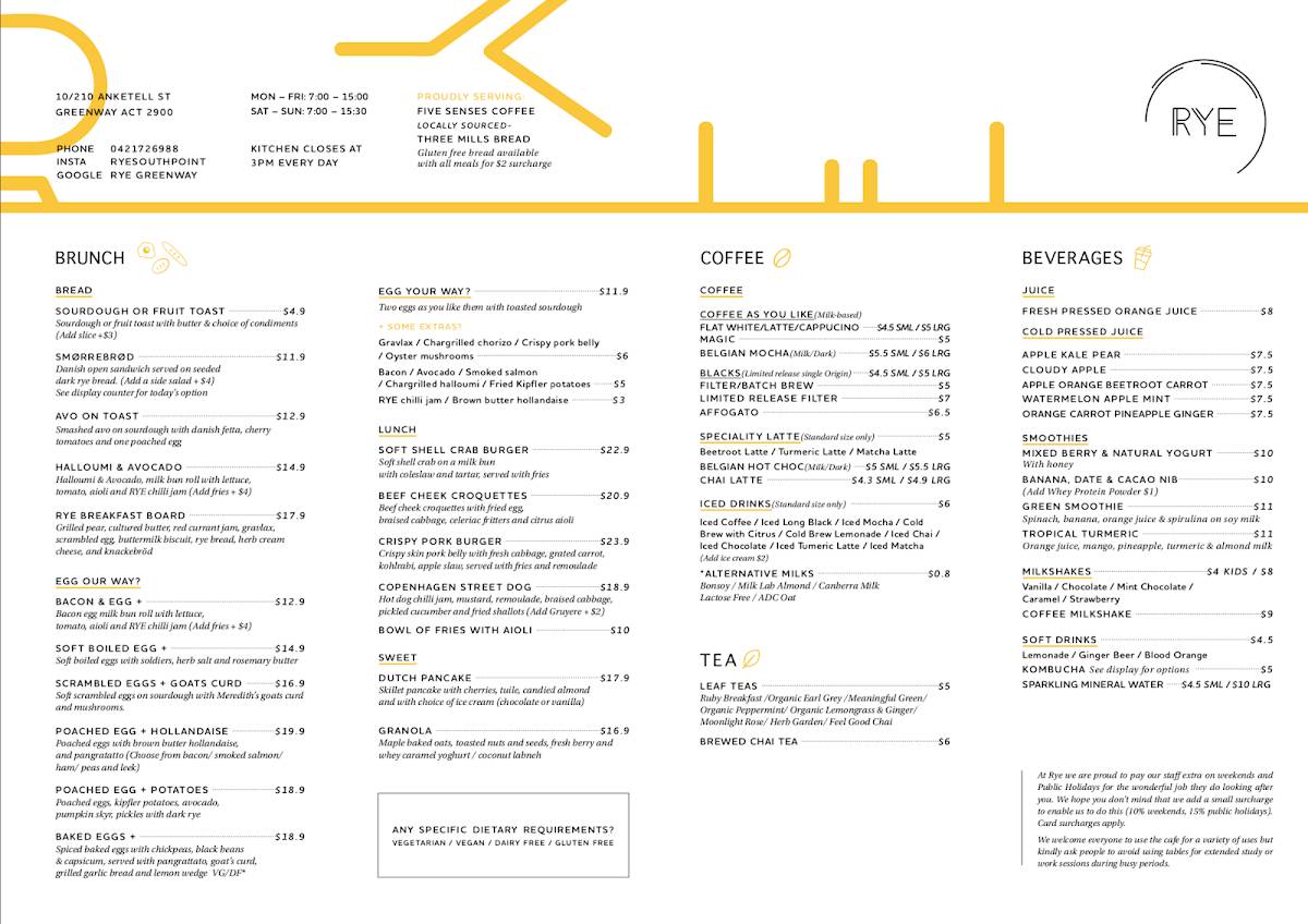 Menu at RYE Cafe Tuggeranong, Greenway