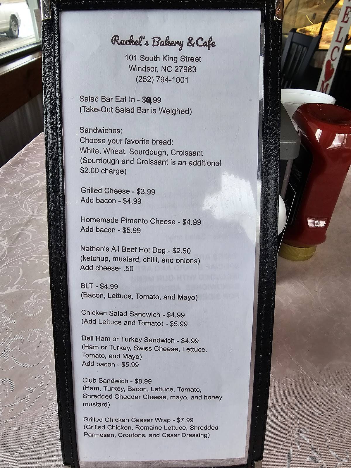 Menu at Rachel's Bakery and Cafe, Windsor