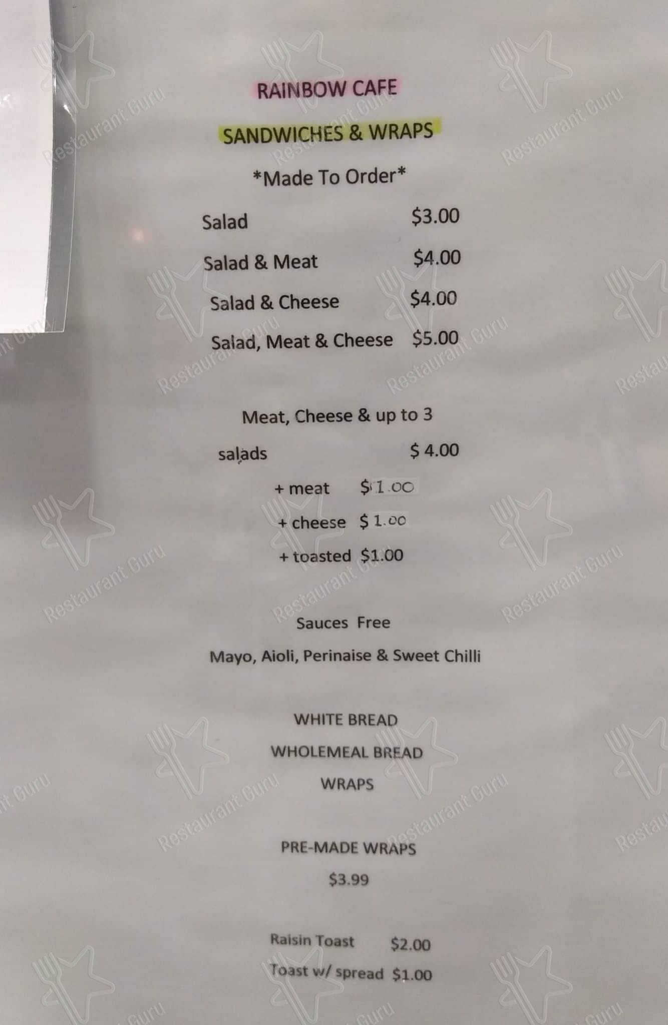 Menu at Rainbow Cafe, Eastern Creek