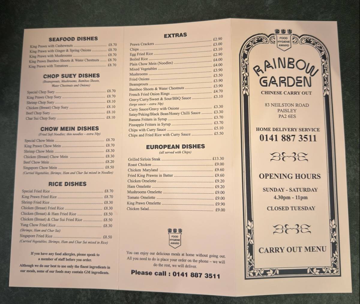 Menu at Rainbow Garden Paisley fast food, Paisley