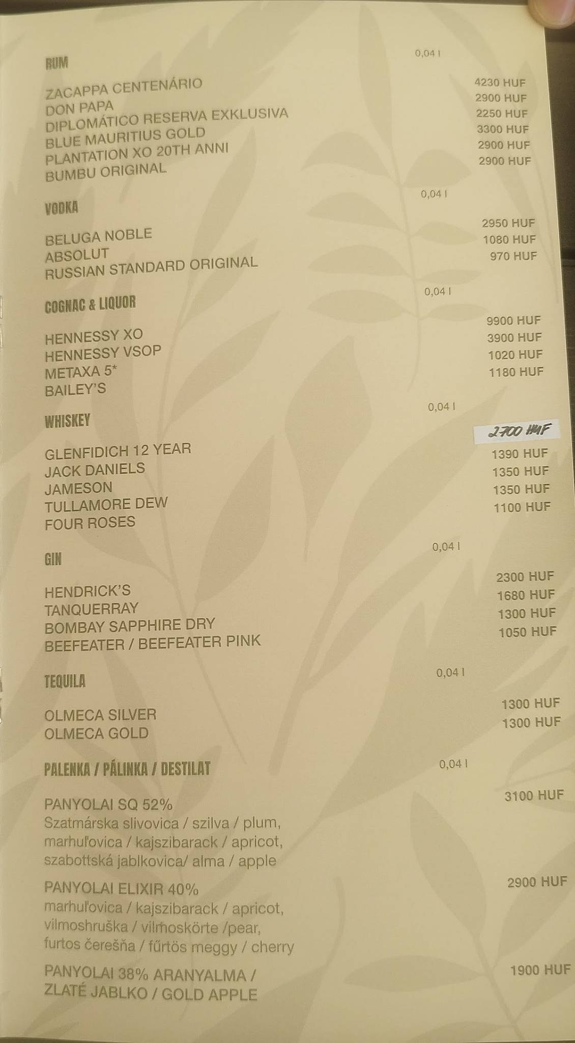 Menu at Rajka Kúria restaurant, Rajka