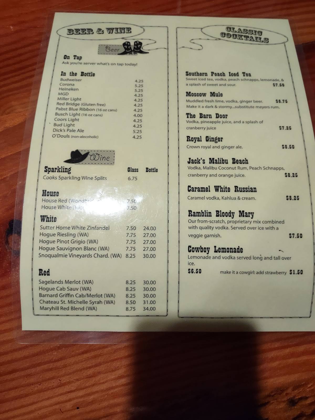 Menu at Ramblin Jacks Rib Eye steakhouse, Chehalis