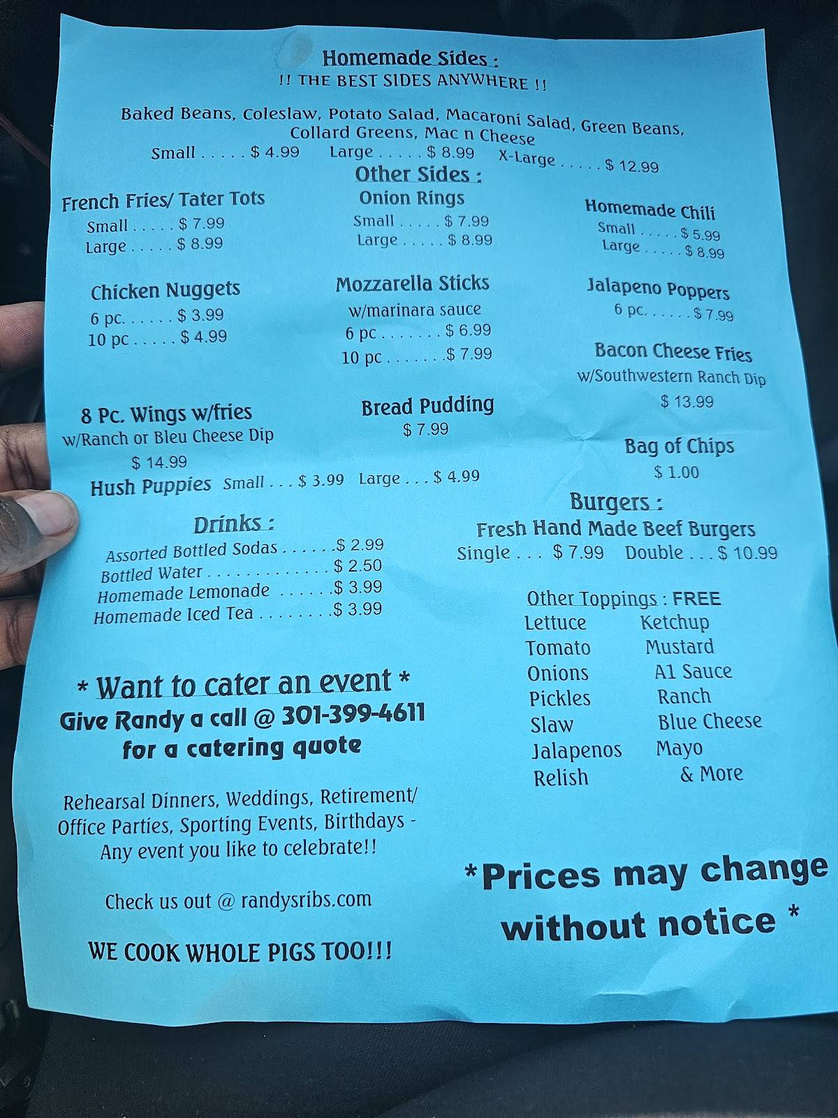 Menu at Randy's Ribs & BBQ, Hughesville