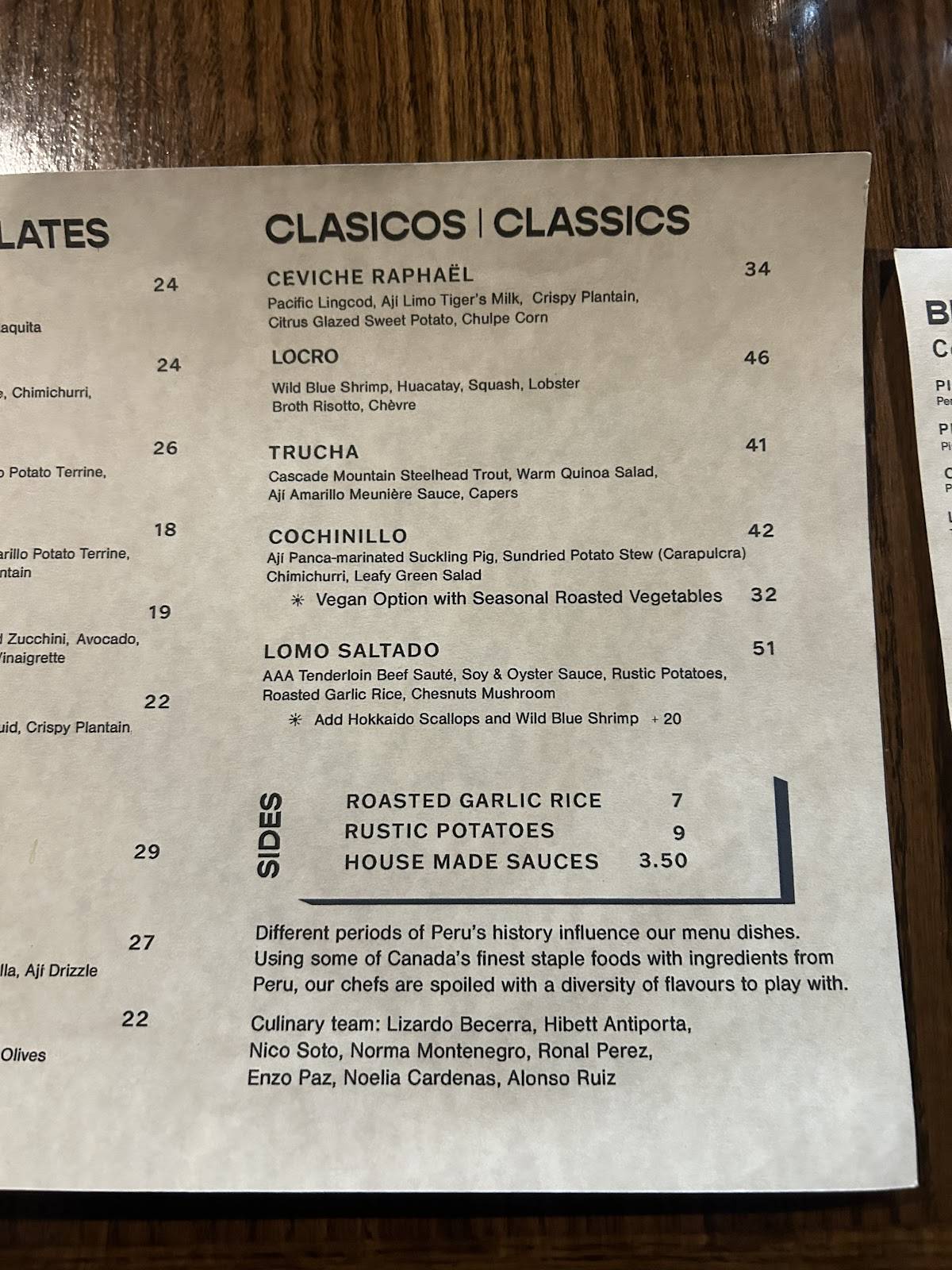 Menu at Raphaël Peruvian Cuisine restaurant, Ottawa
