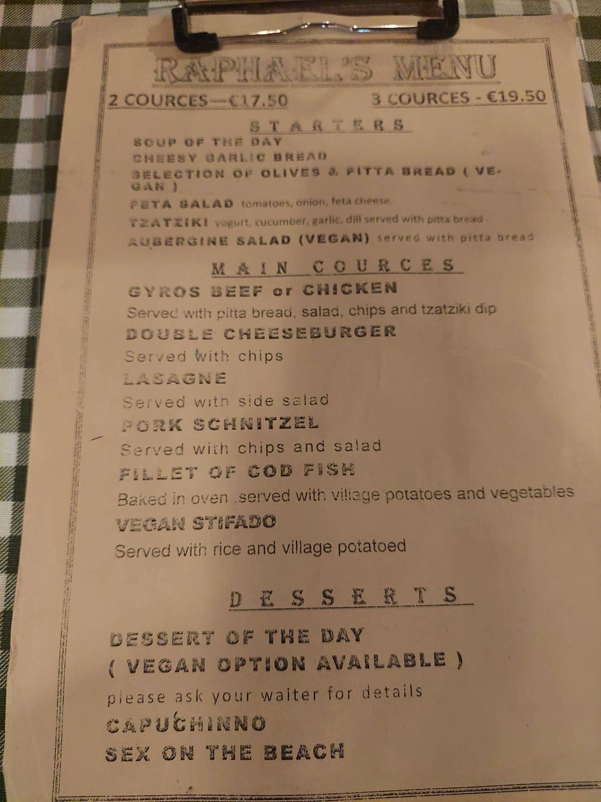 Speisekarte von Raphael's Restaurant, Agia Napa