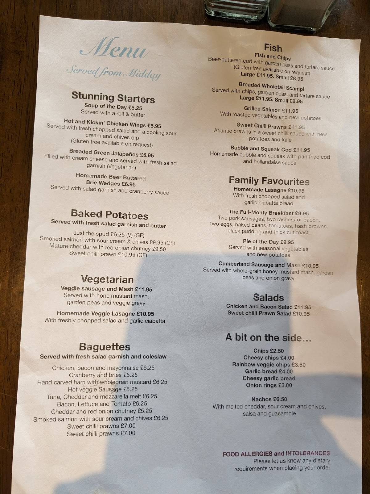 Menu at Raphael's restaurant, Evesham