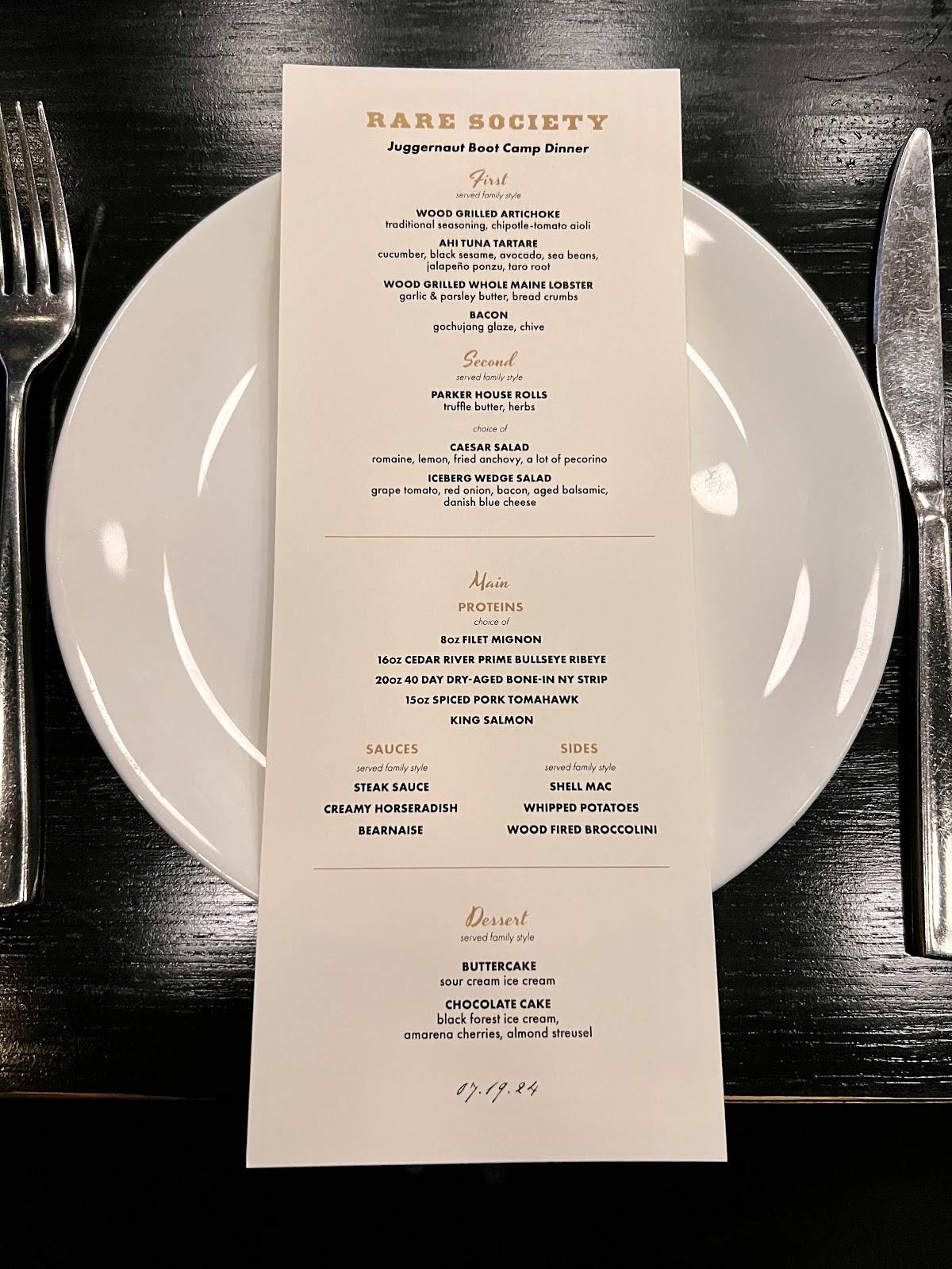 Menu at Rare Society steakhouse, San Diego