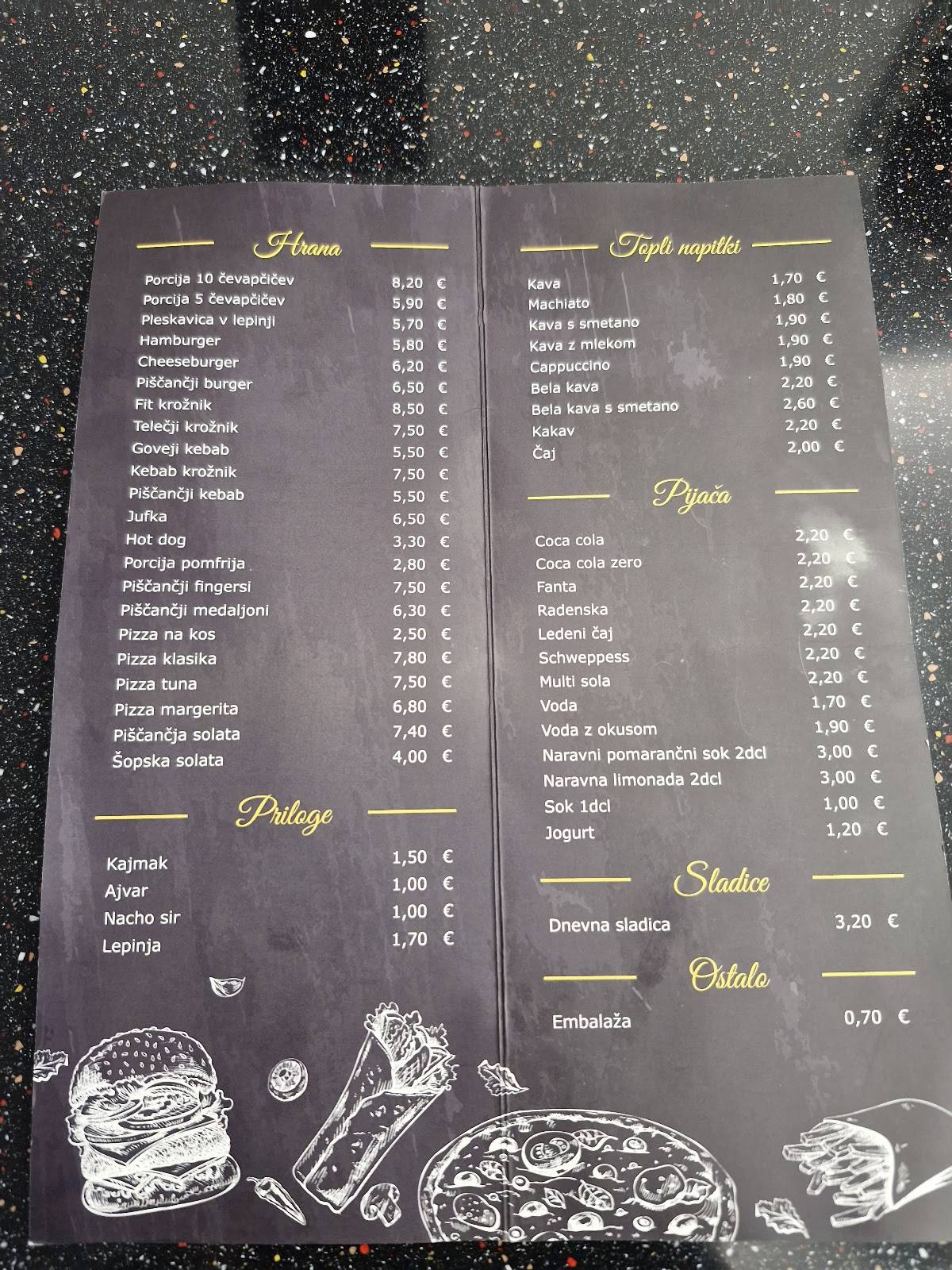 Menu at Rašica Fast Food, Ljubljana