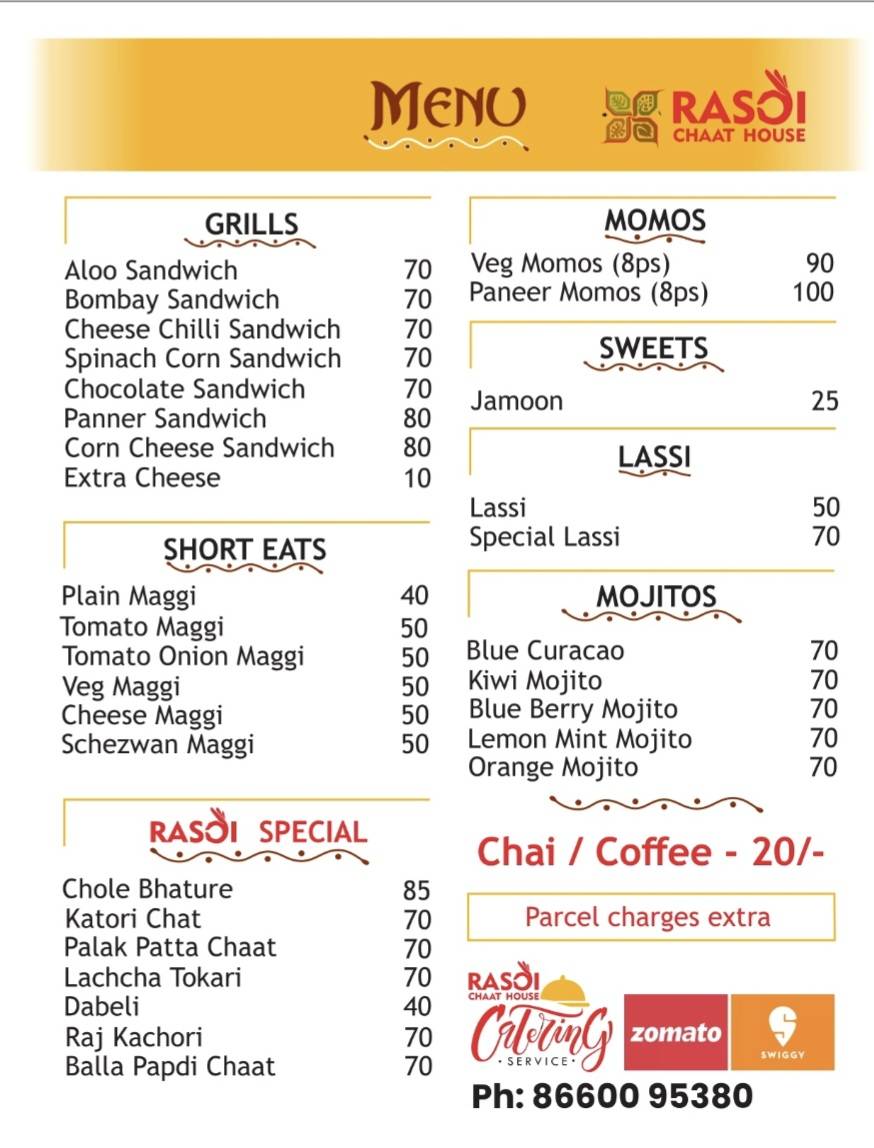 Menu at Rasoi Chaat House, Mysuru