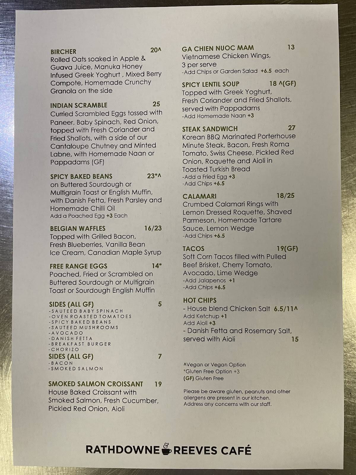 Menu at Rathdowne & Reeves Cafe, Carlton