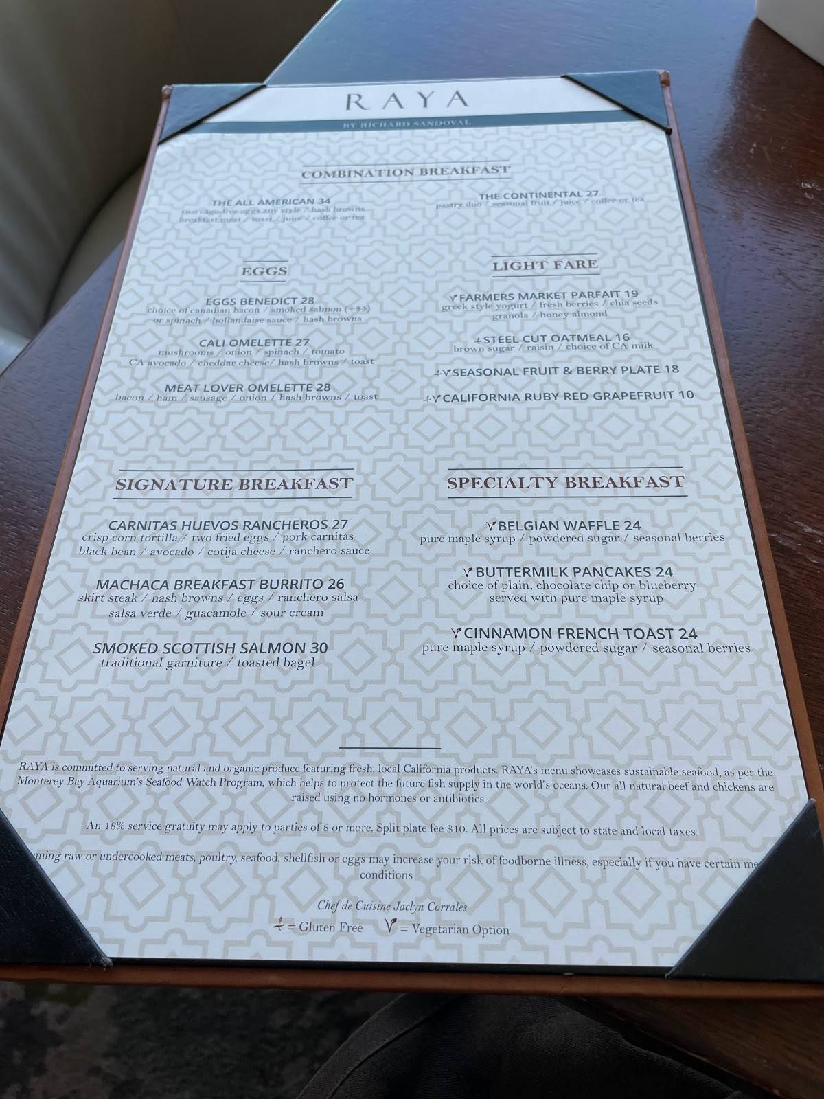 Menu at RAYA restaurant, Dana Point, 1 Ritz Carlton Dr