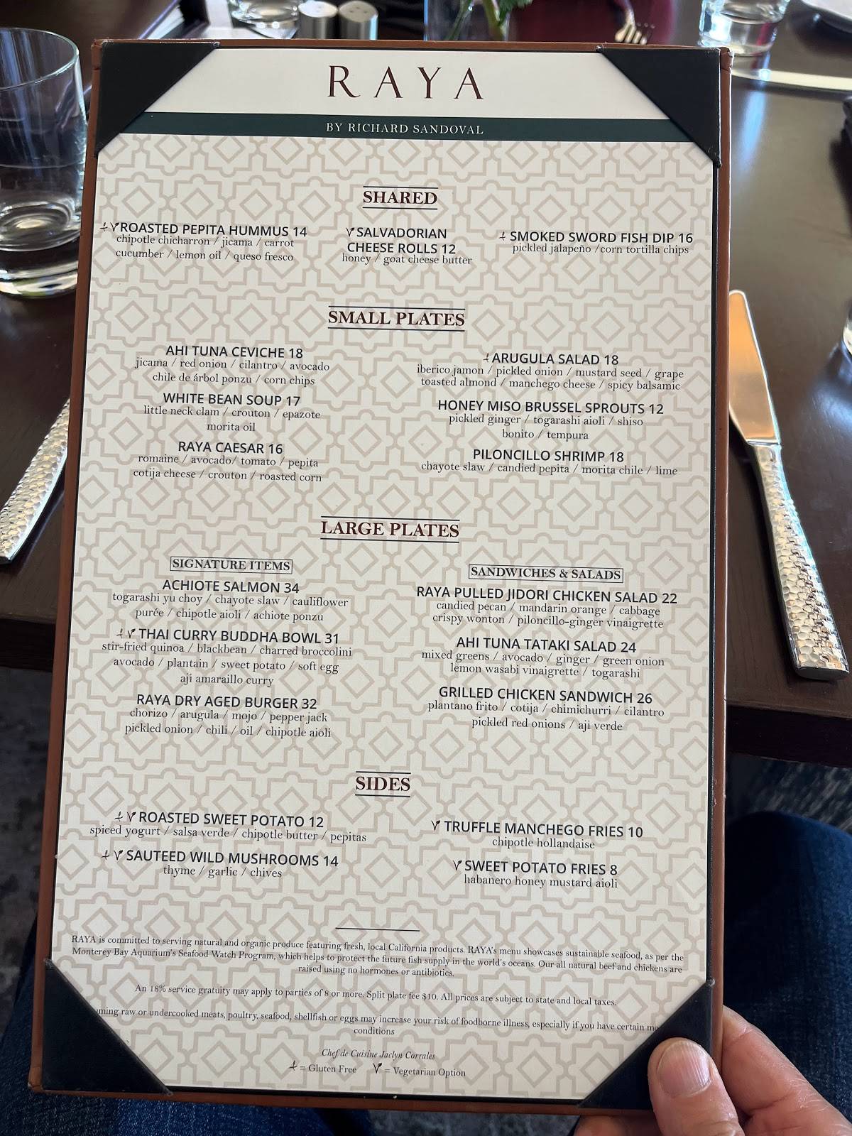Menu at RAYA restaurant, Dana Point, 1 Ritz Carlton Dr
