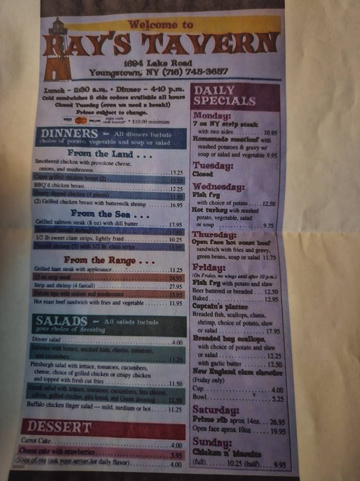 Menu at Ray's Diner and Tavern restaurant, Ransomville