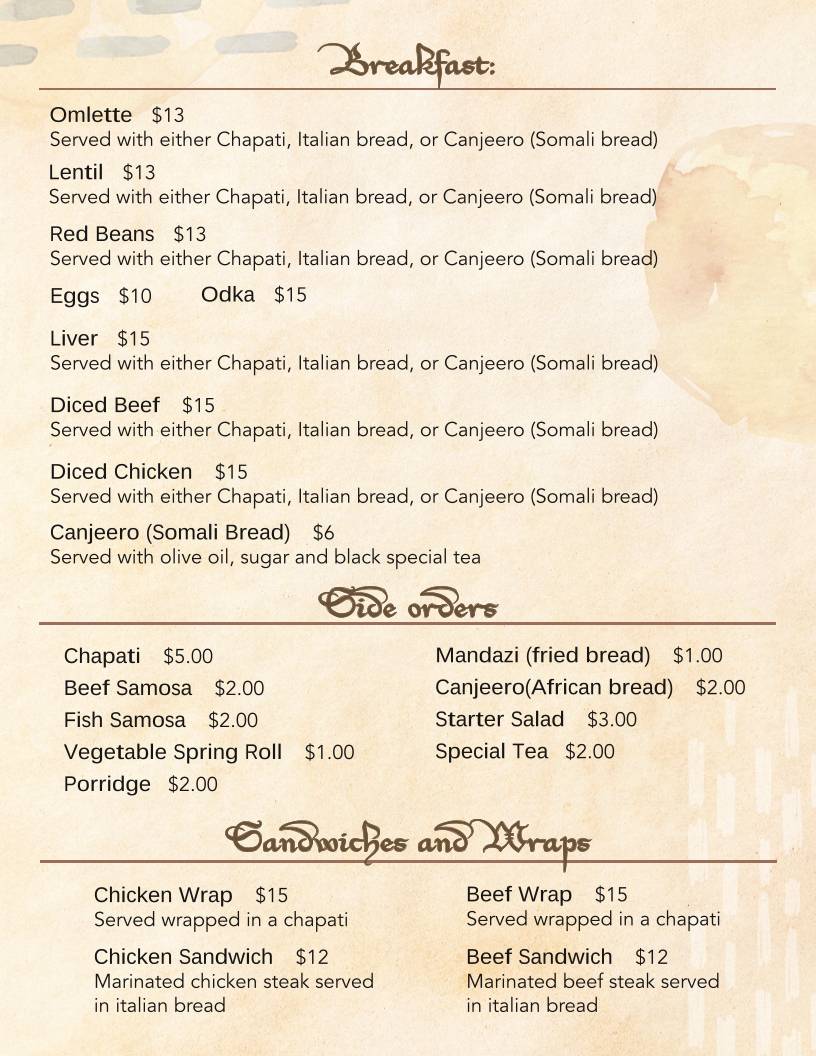 Menu at Rayyan Restaurant, Edmonton