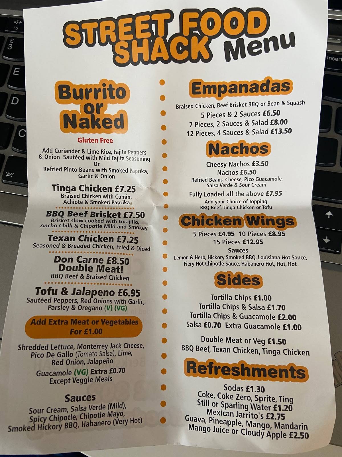 Carta del restaurante Street Food Shack, Reading