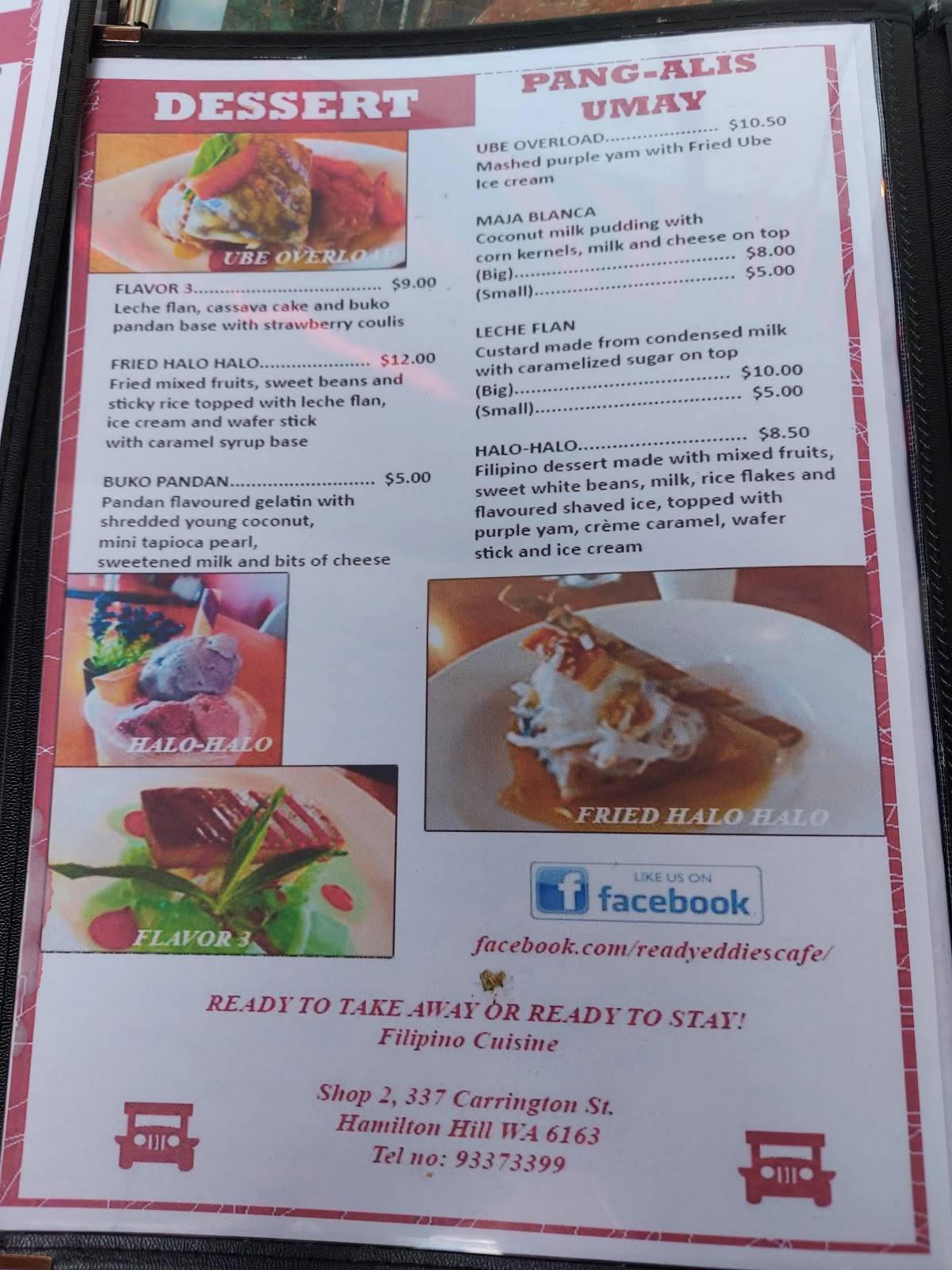 Menu at Ready Eddies Cafe, Cockburn Central