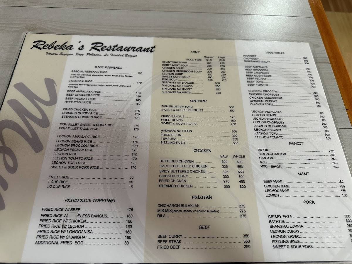 Menu at Rebeka's Resto restaurant, La Trinidad