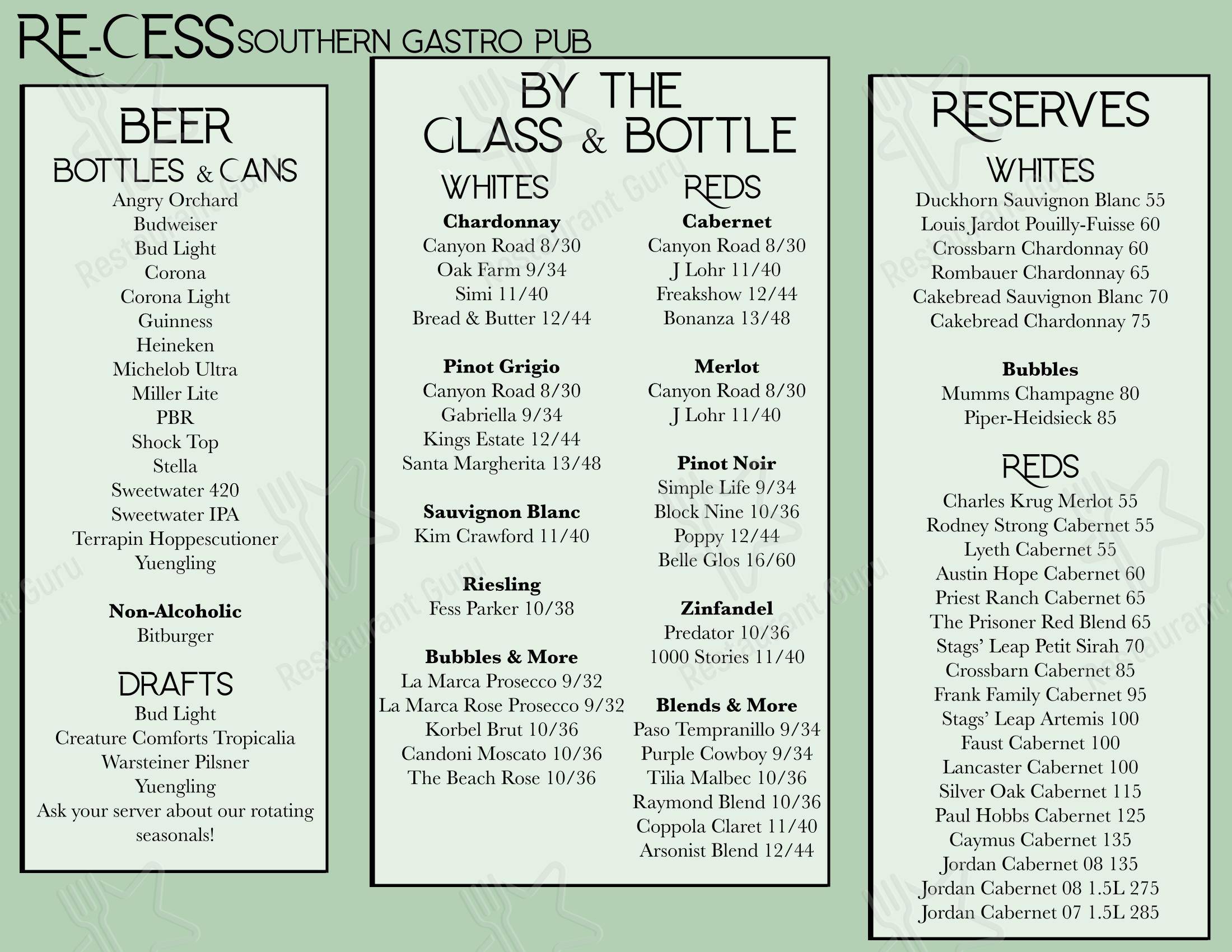 Menu at Recess Southern Gastro-pub, Gainesville