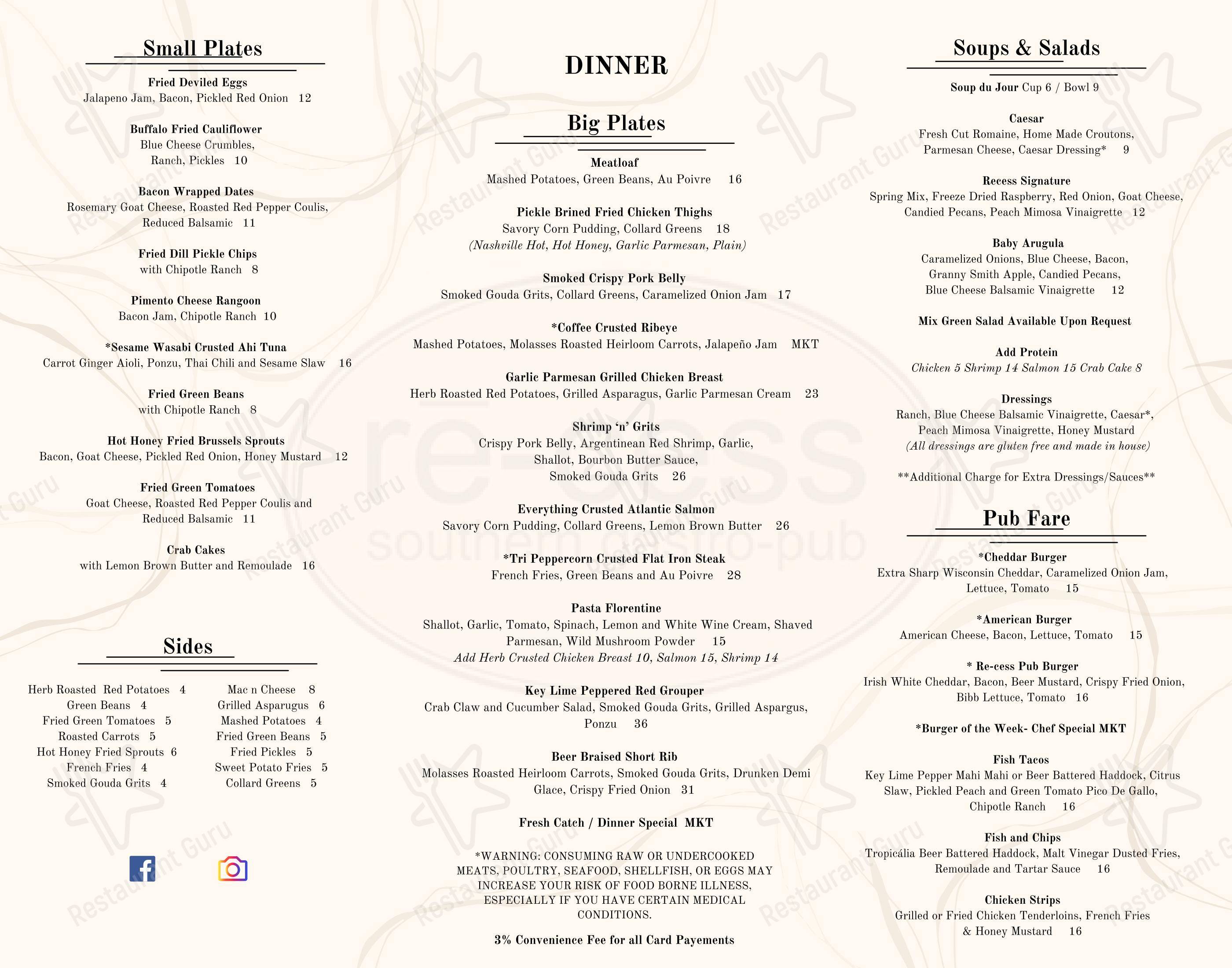 Menu at Recess Southern Gastro-pub, Gainesville