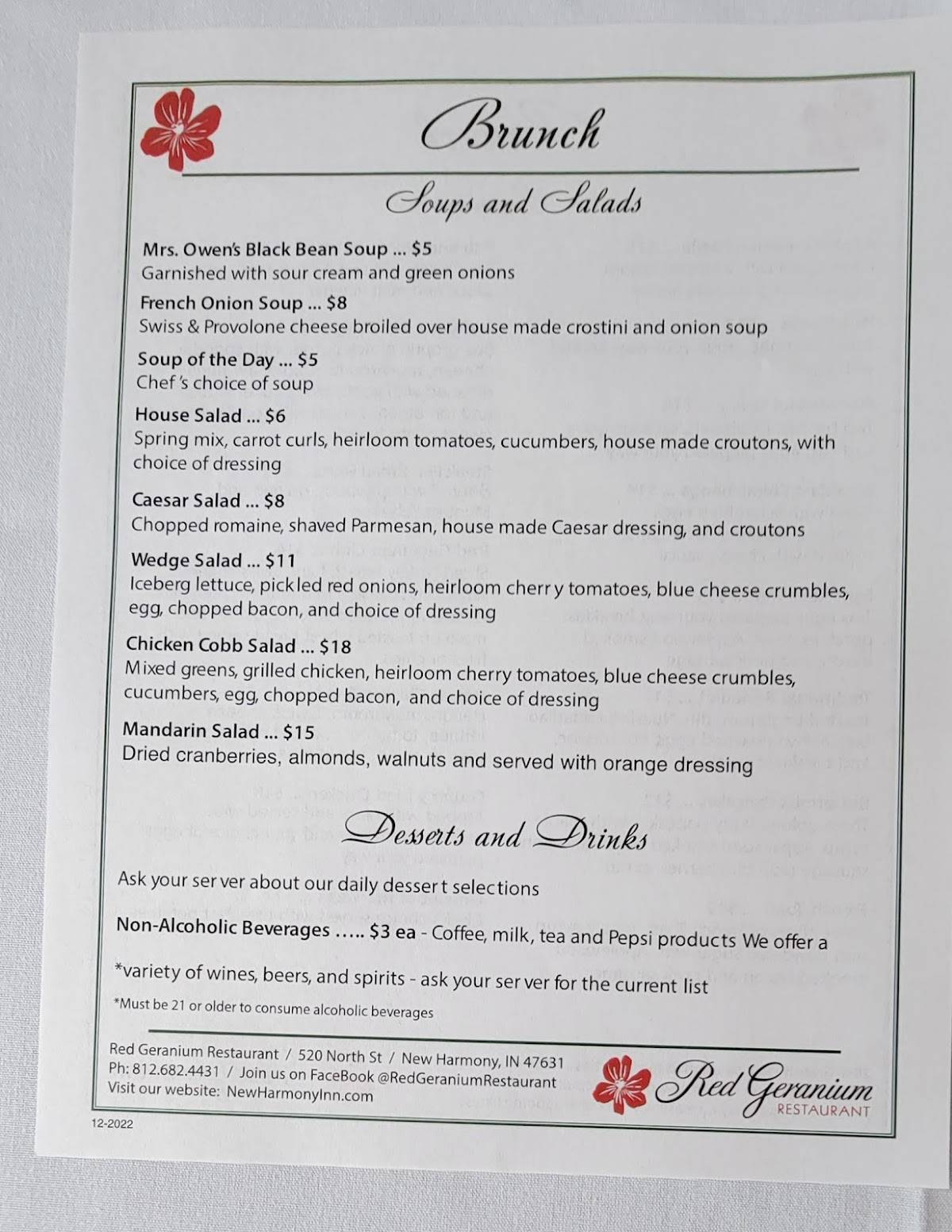 Menu at Red Geranium Restaurant, New Harmony