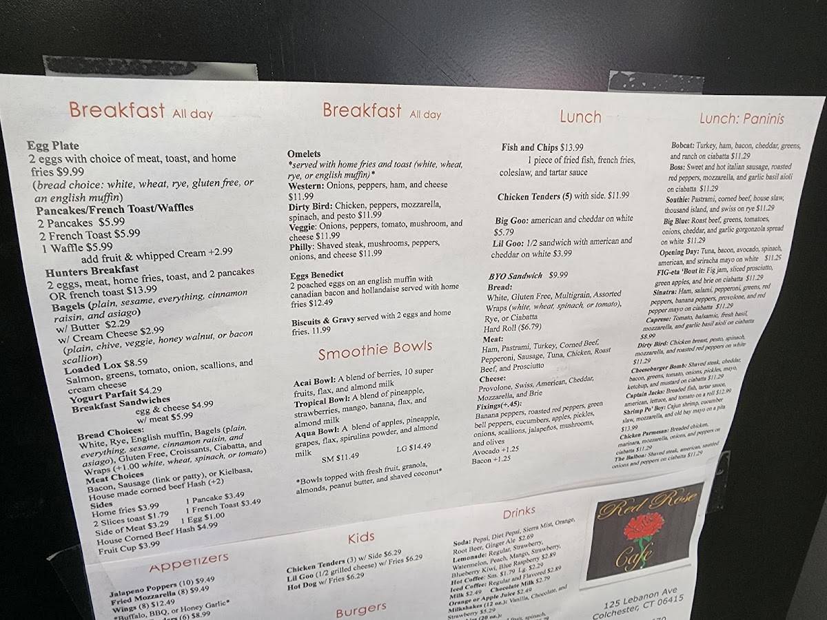 Menu at Red Rose Cafe, Colchester