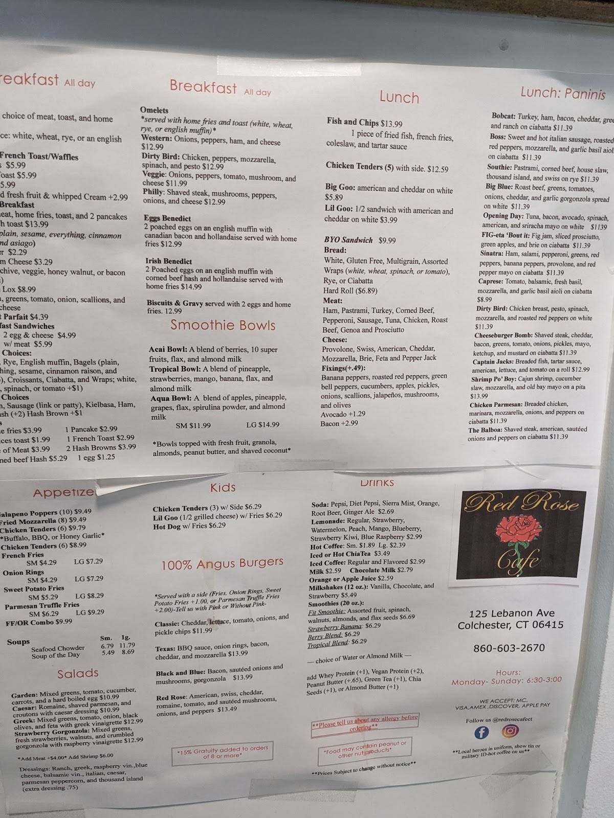 Menu at Red Rose Cafe, Colchester