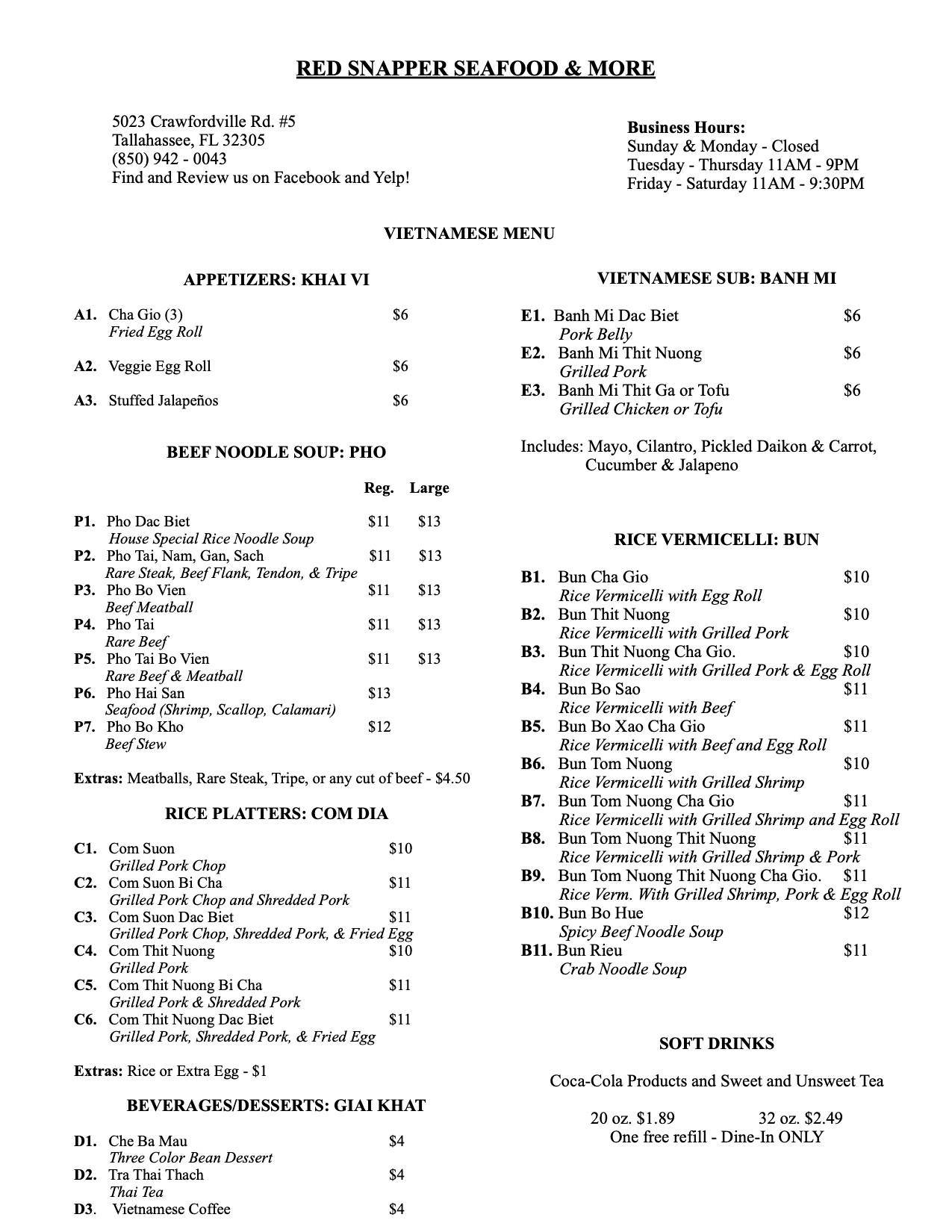 Menu at Red Snapper restaurant, Tallahassee, Crawfordville Rd # 5