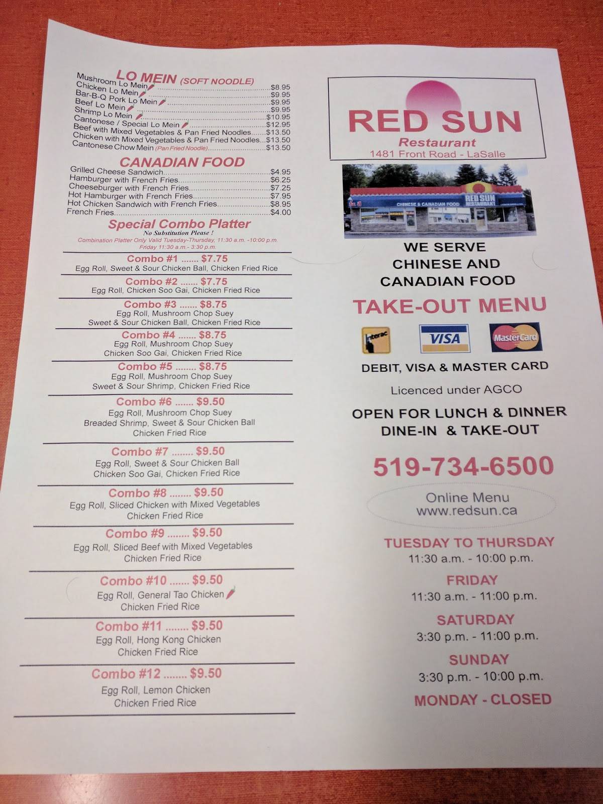 Menu at Red Sun Restaurant, Windsor
