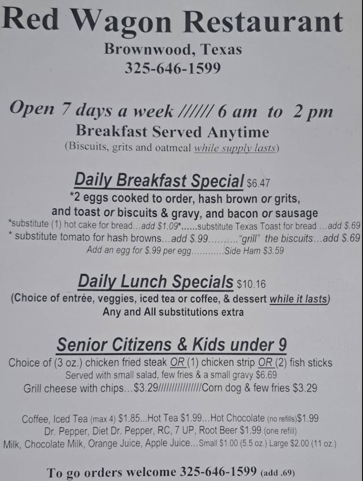 Menu at Red Wagon Restaurant, Brownwood, 401 N Main St Ave