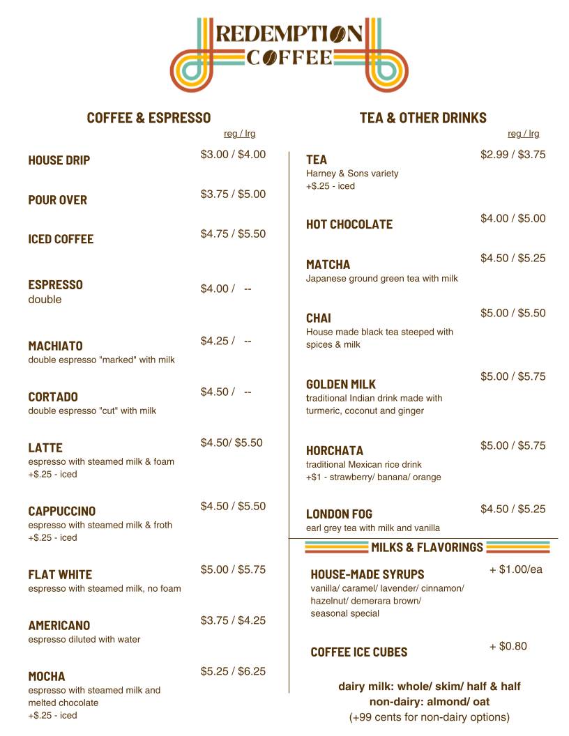 Carta del café Redemption Coffee, Bayonne