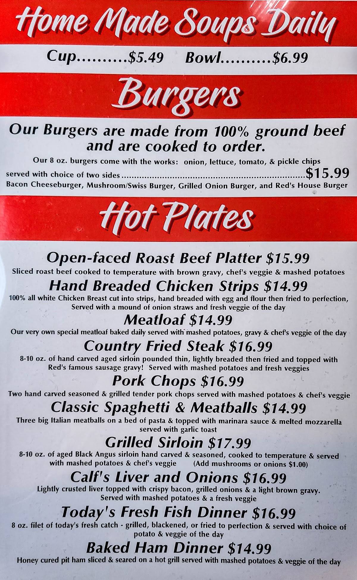 Menu at Red's Restaurant, Hernando