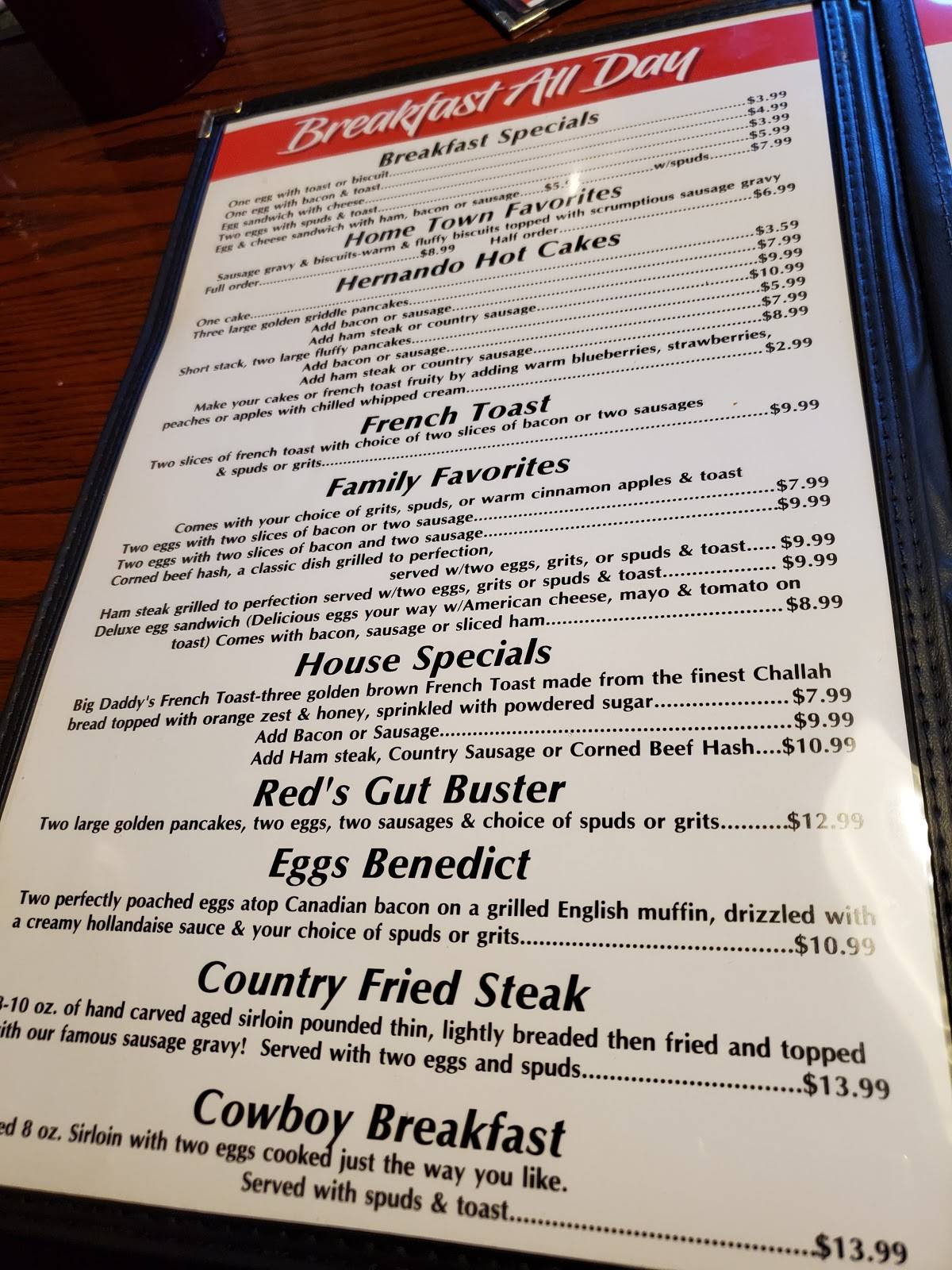 Menu at Red's Restaurant, Hernando