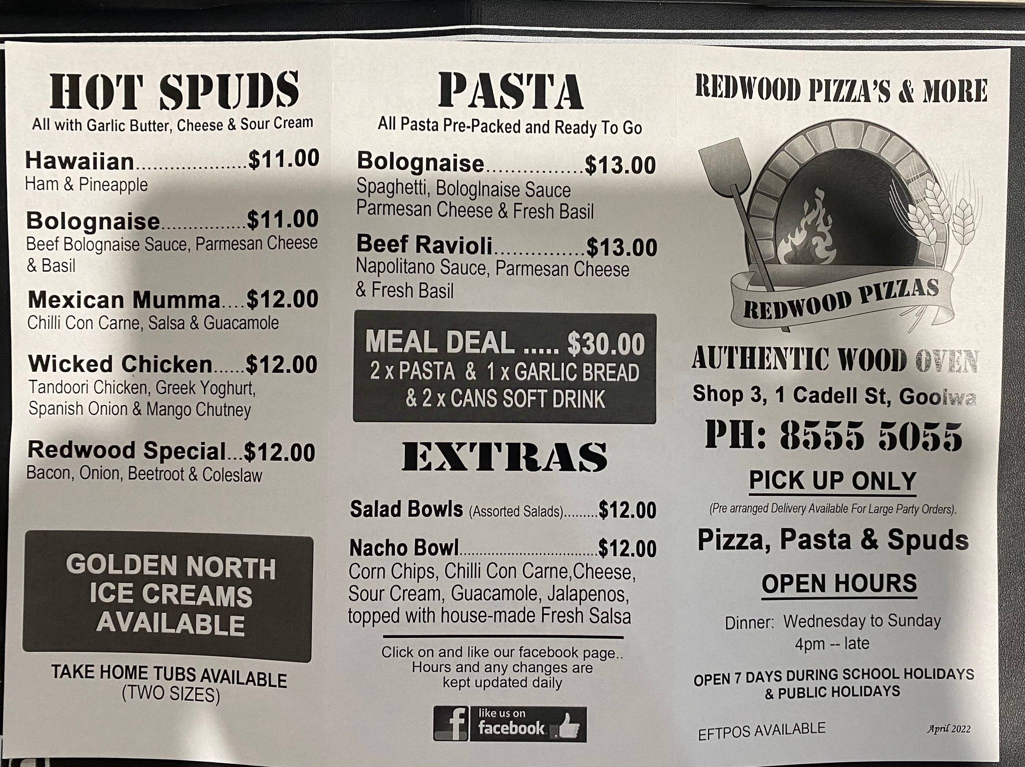 Menu at Redwood Pizza pizzeria, Goolwa
