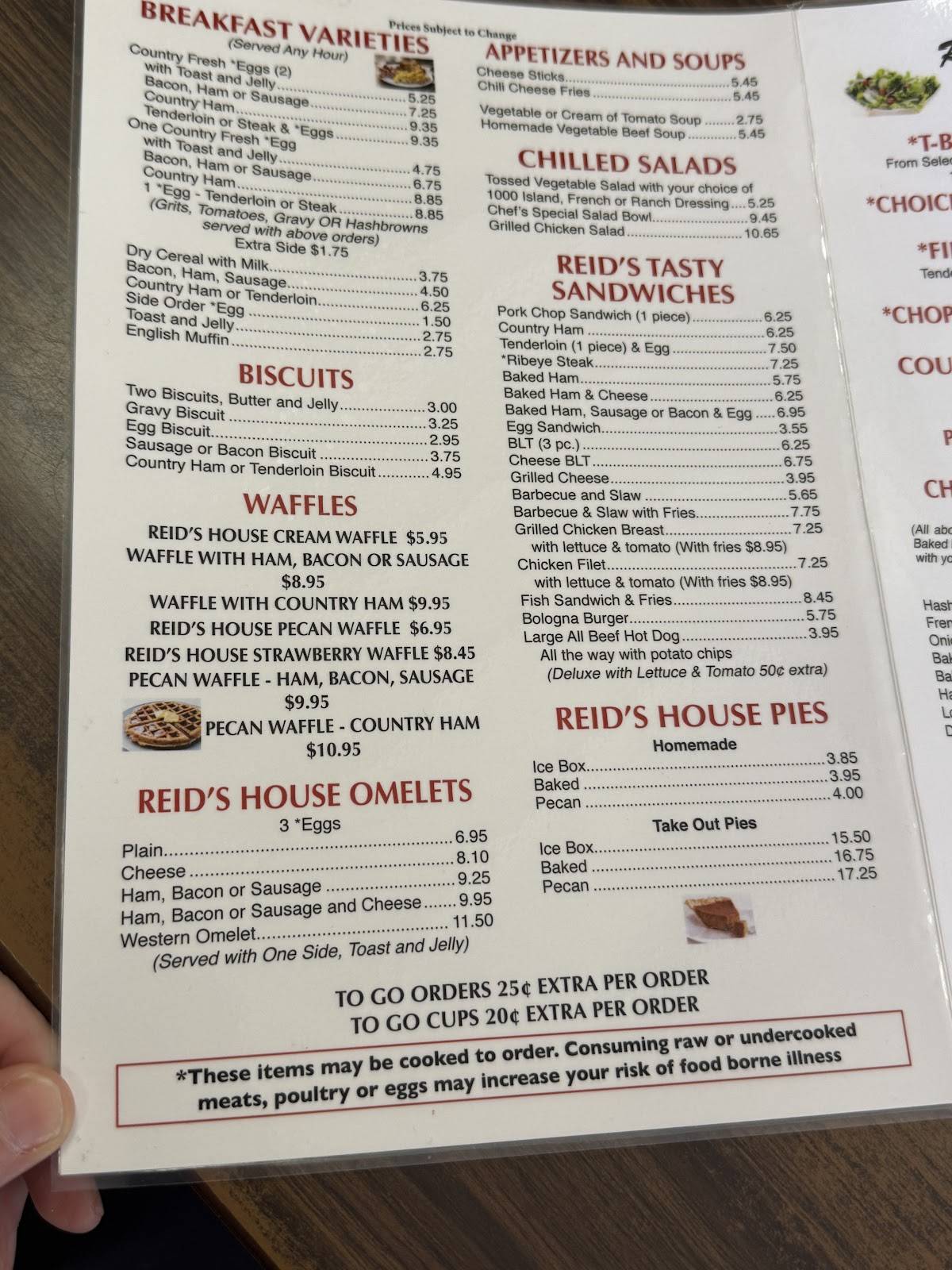 Menu at Reid's House Restaurant, Reidsville
