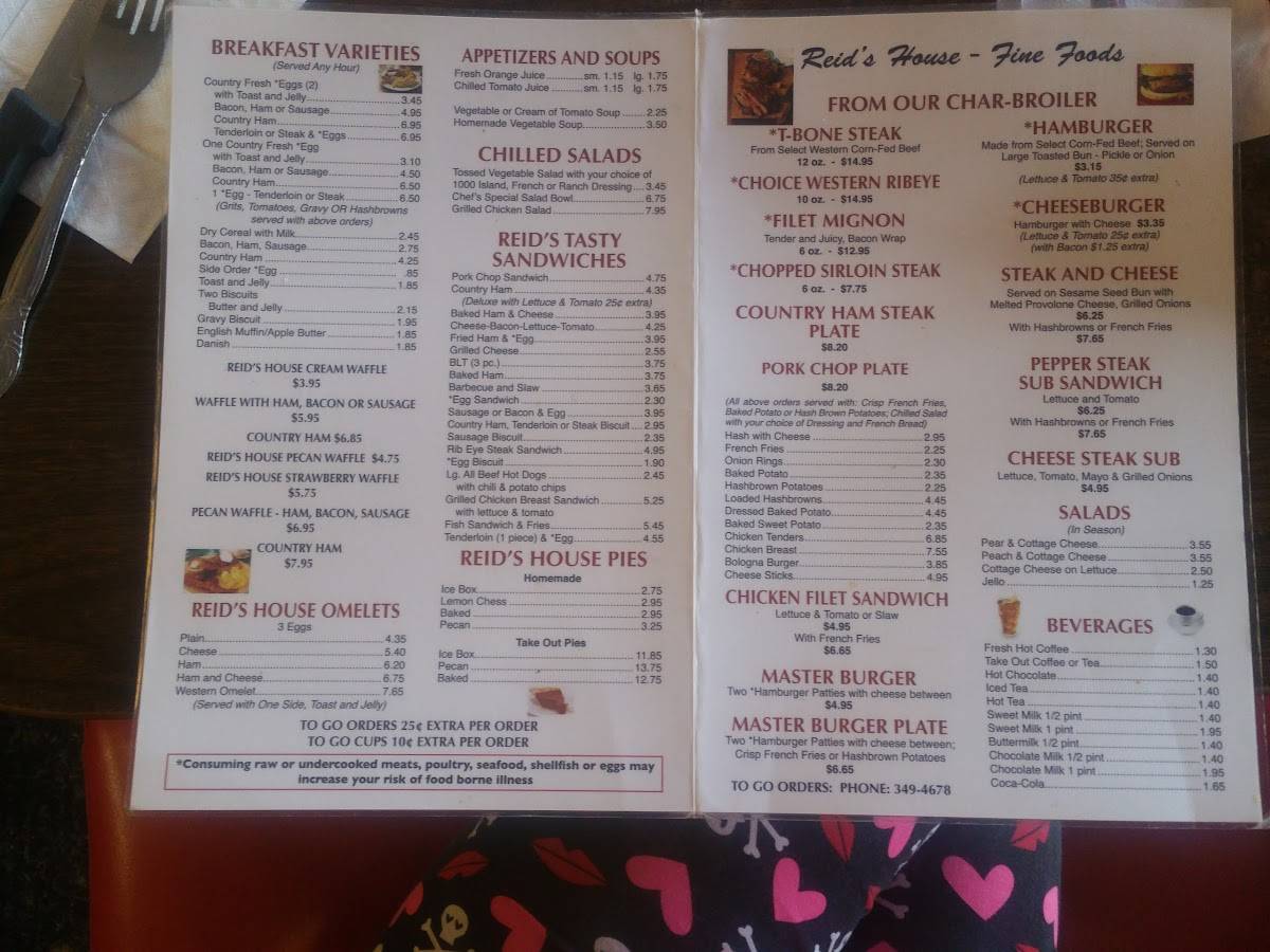 Menu at Reid's House Restaurant, Reidsville