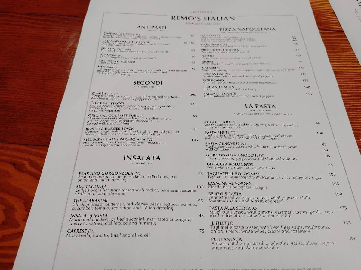 Menu at Remo's Italian restaurant, Port Elizabeth