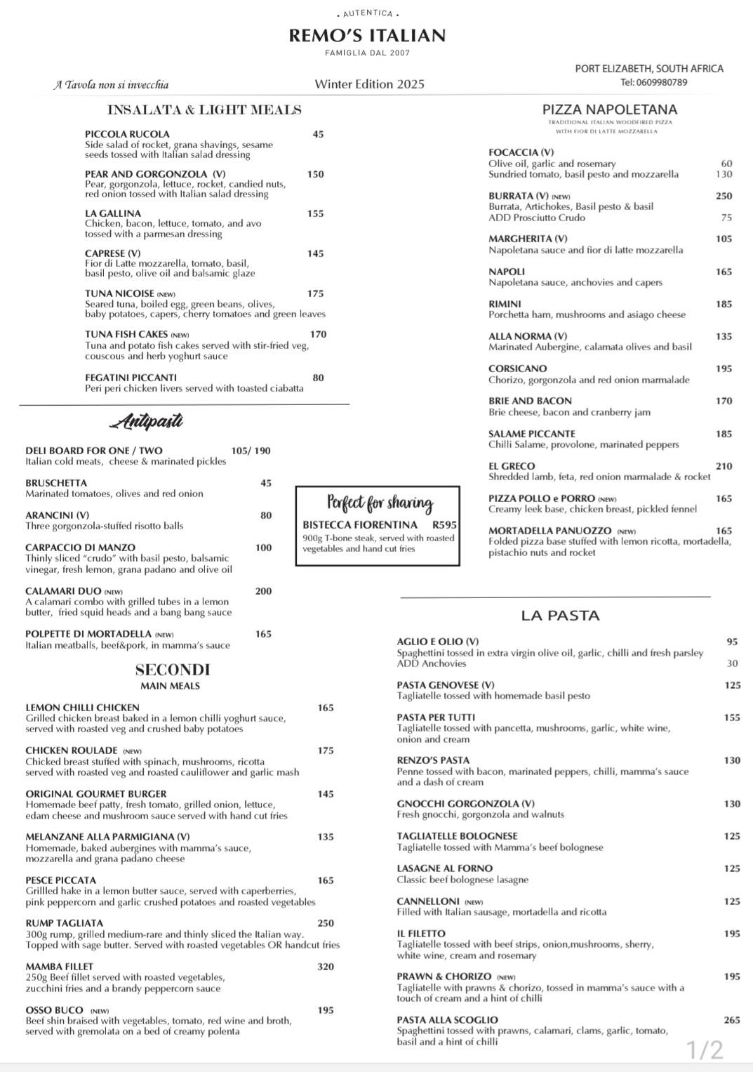 Menu at Remo's Italian restaurant, Port Elizabeth