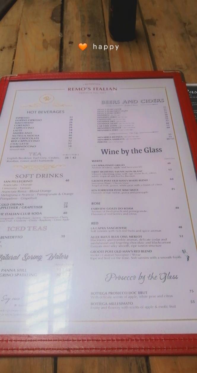 Menu at Remo's Italian restaurant, Port Elizabeth