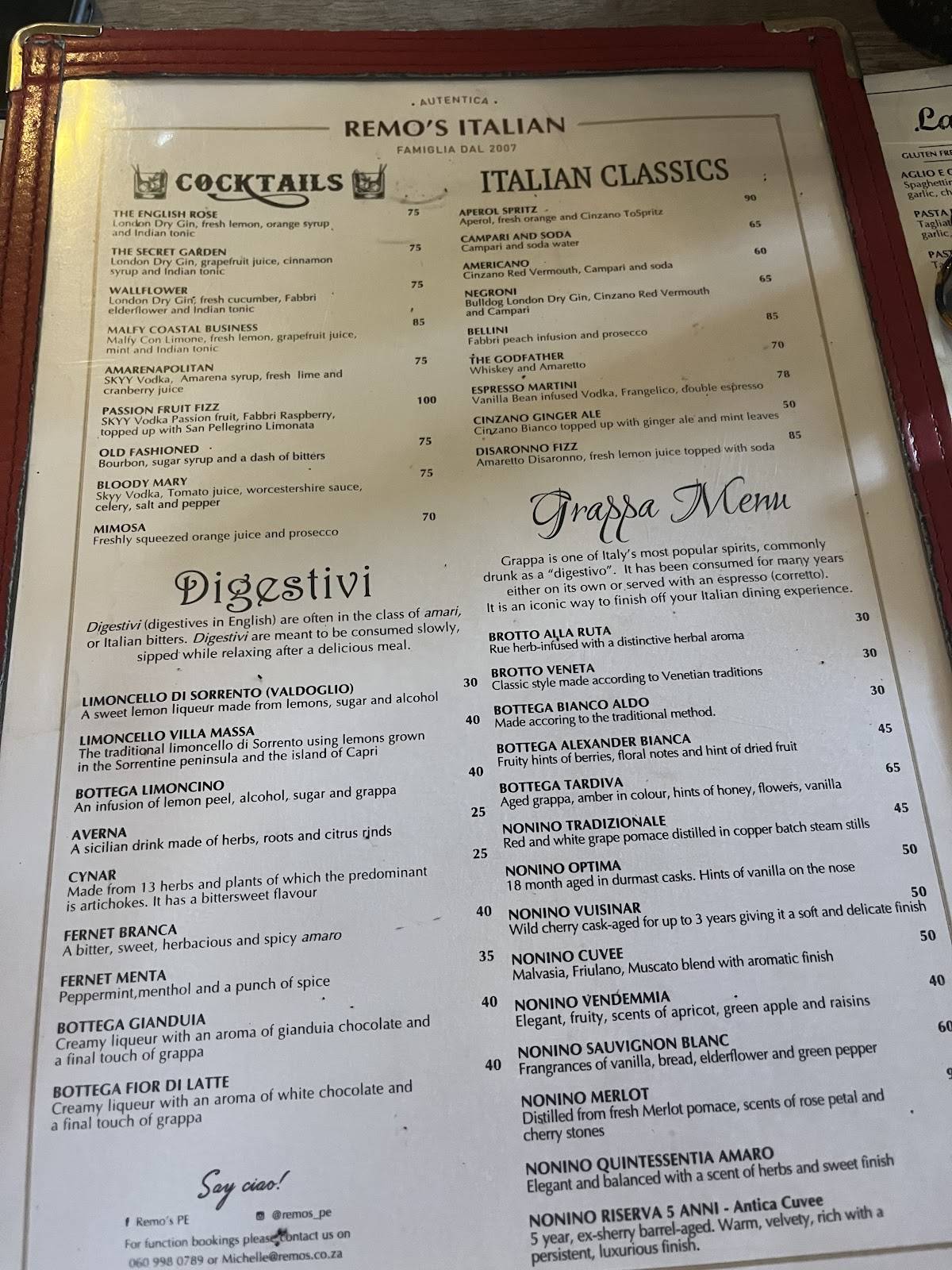 Menu at Remo's Italian restaurant, Port Elizabeth
