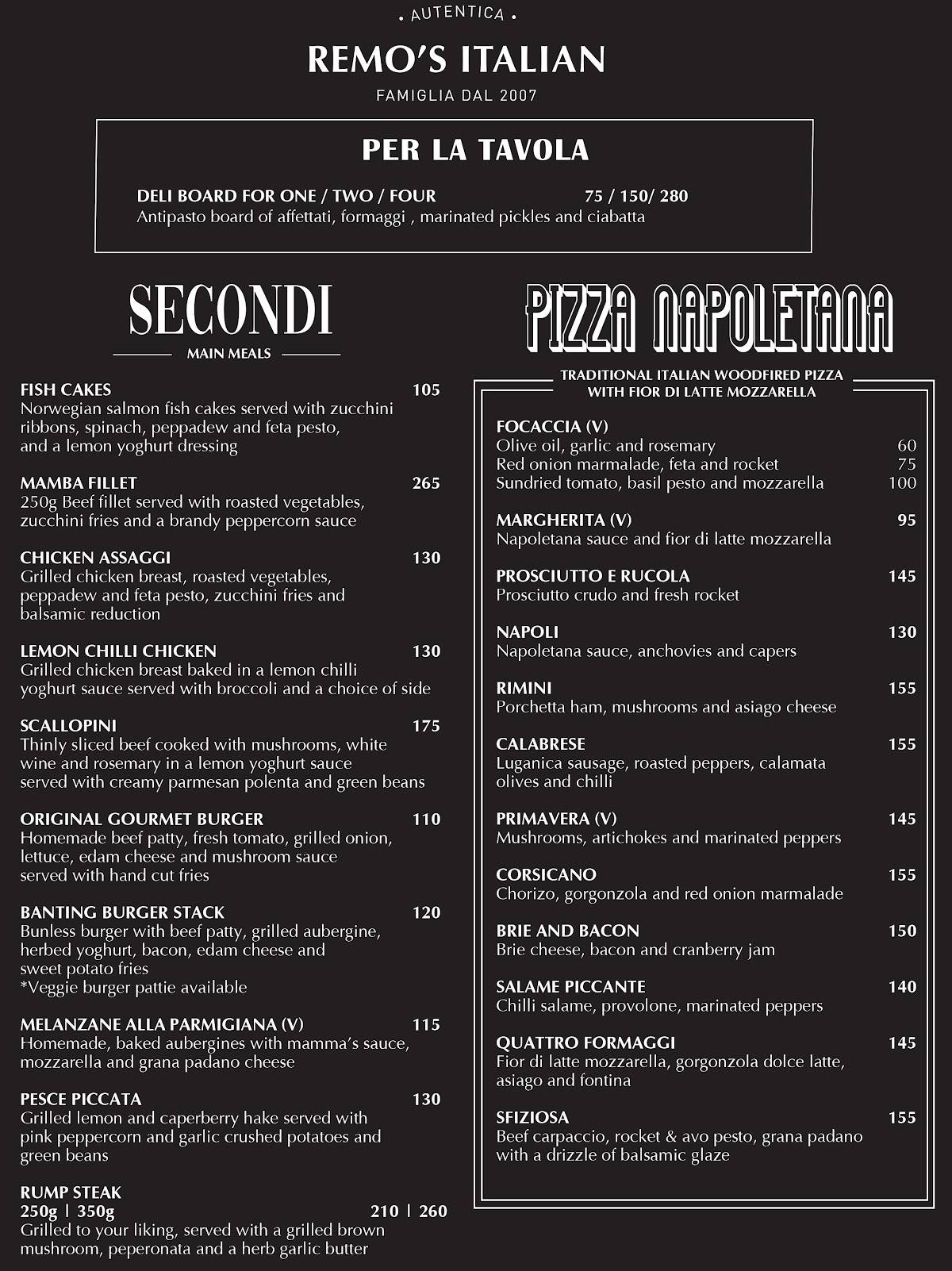 Menu at Remo's Italian restaurant, Port Elizabeth